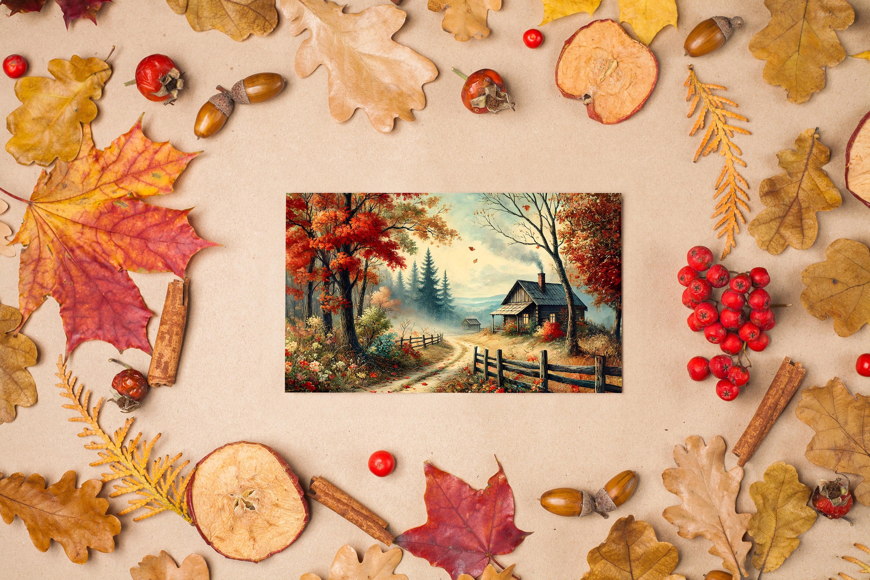 Autumn Cabin Landscape Painting Printable Wall Art, Rustic Country Fall ...