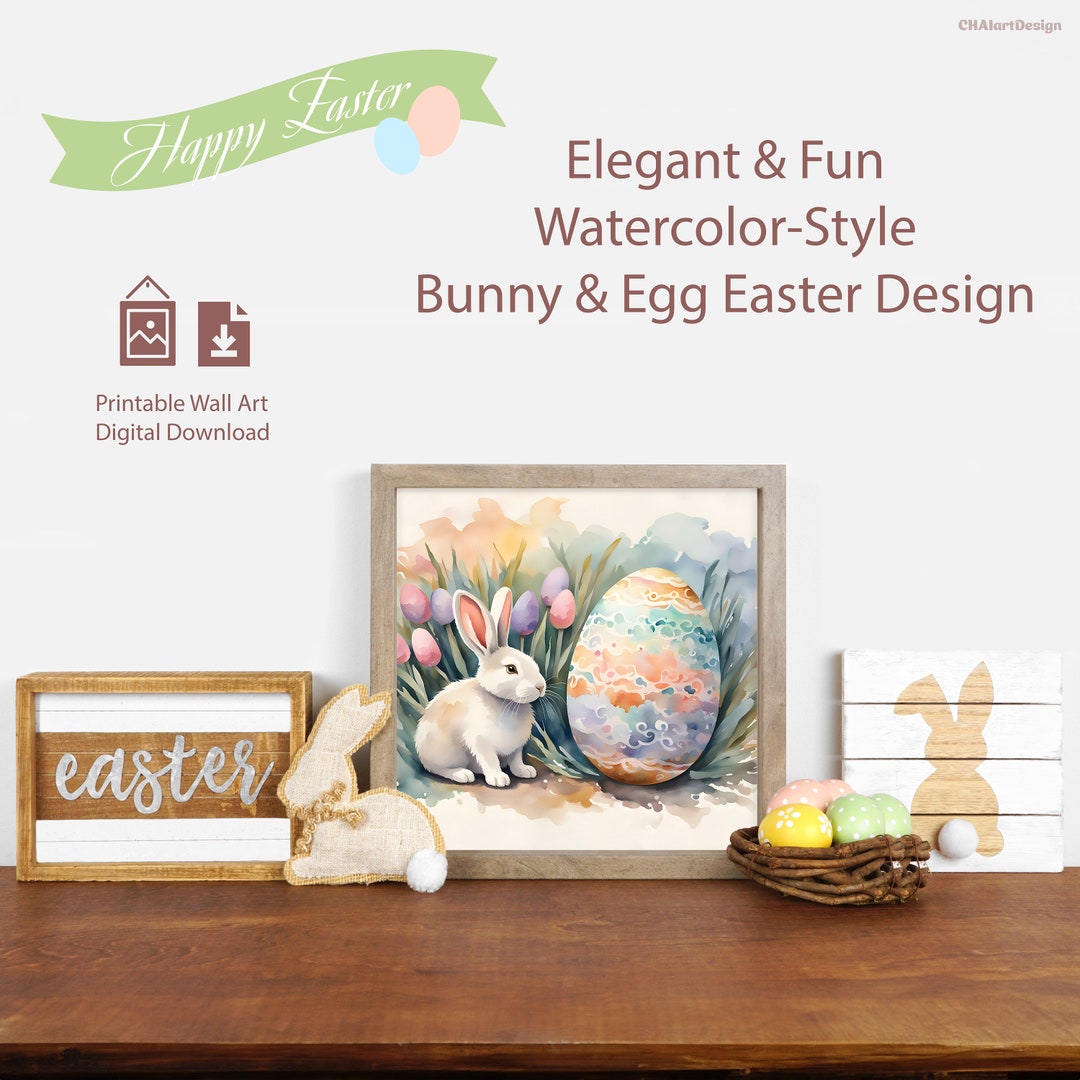 Bunny Rabbit & Egg Printable Easter Spring Wall Art Elegant Colorful ...
