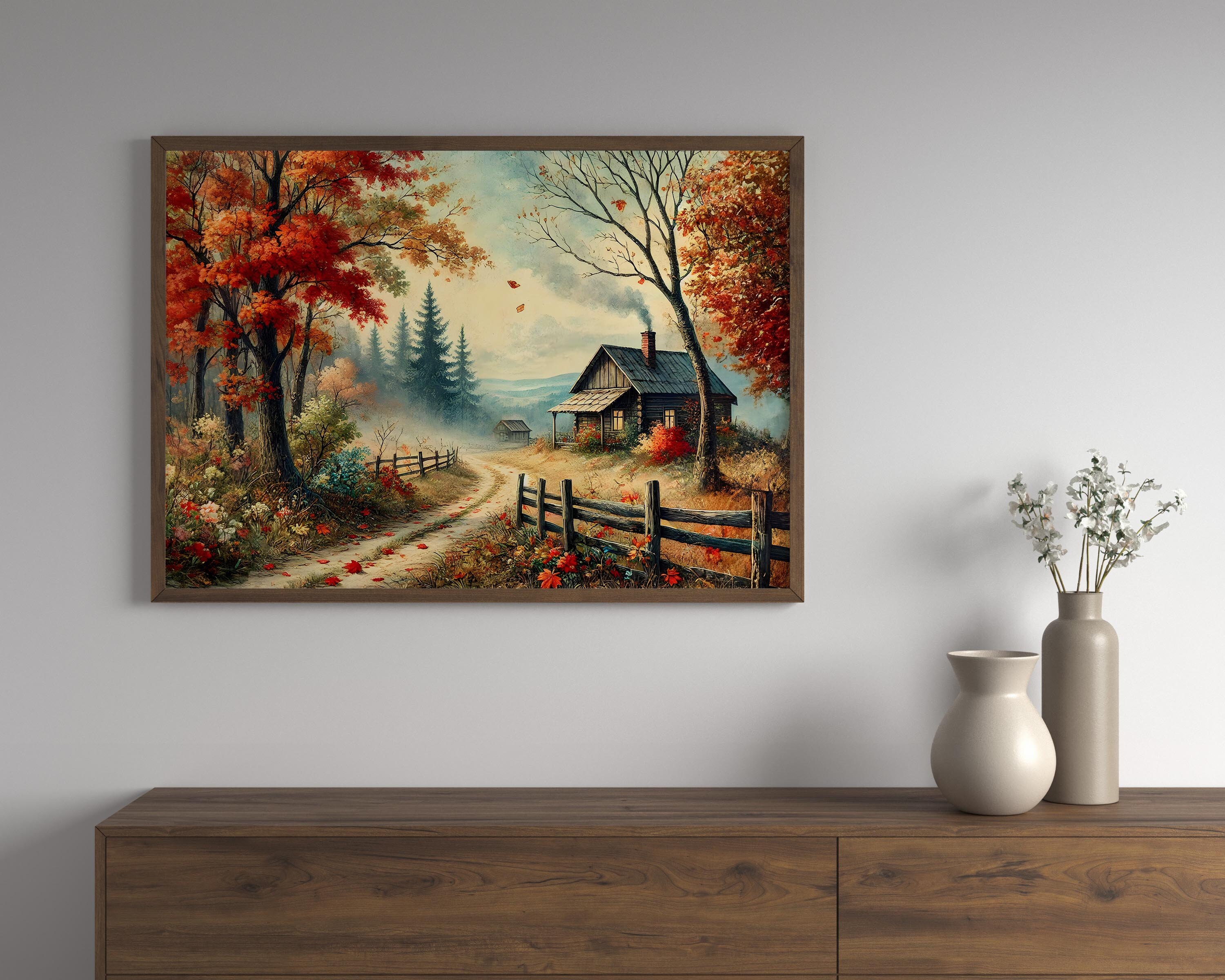 Autumn Cabin Landscape Painting Printable Wall Art, Rustic Country Fall ...