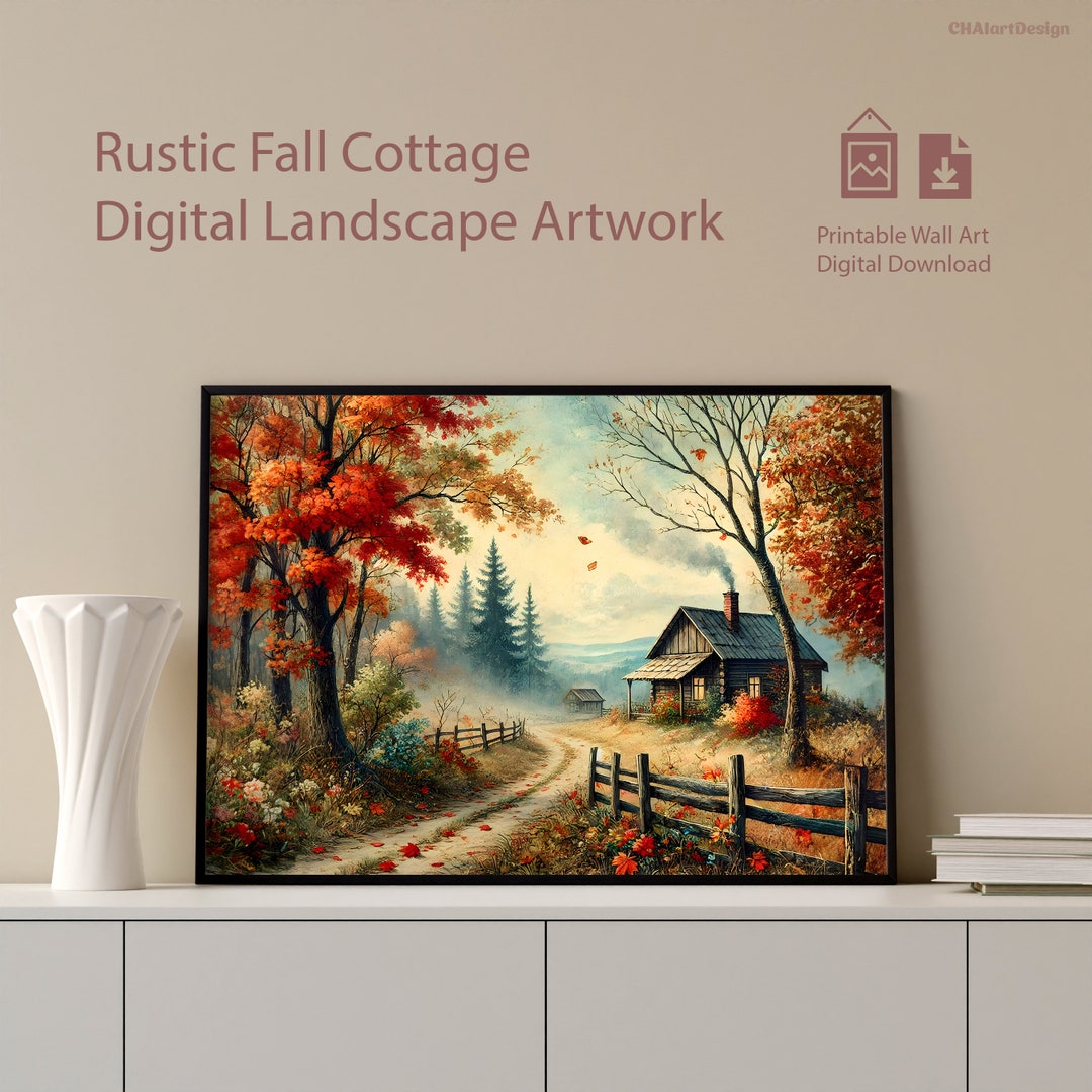 Autumn Cabin Landscape Painting Printable Wall Art, Rustic Country Fall ...