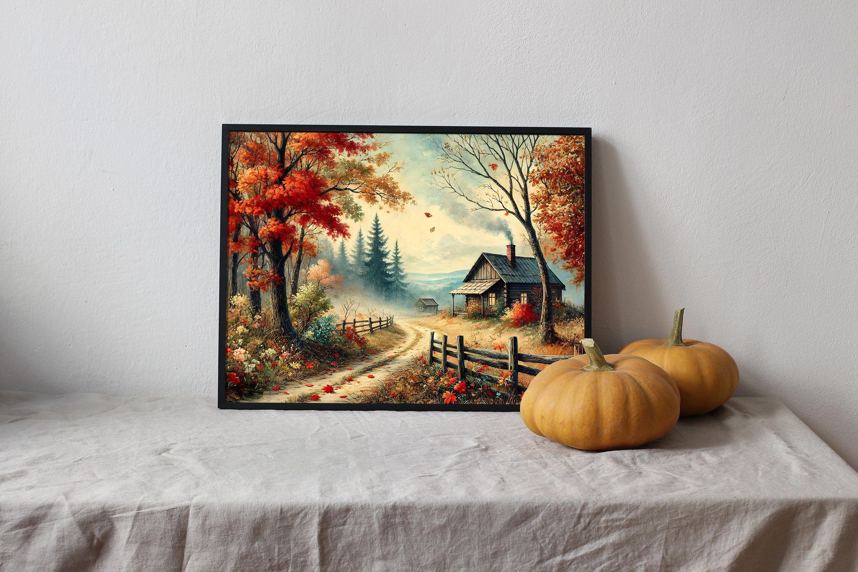 Autumn Cabin Landscape Painting Printable Wall Art, Rustic Country Fall ...