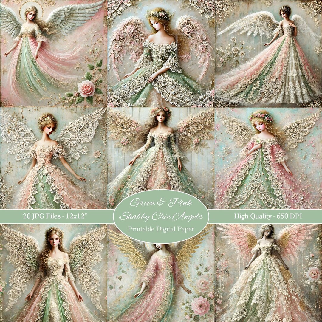 Shabby Chic Soft Pink Green Lace Angels Digital Paper Bundle, Elegant ...