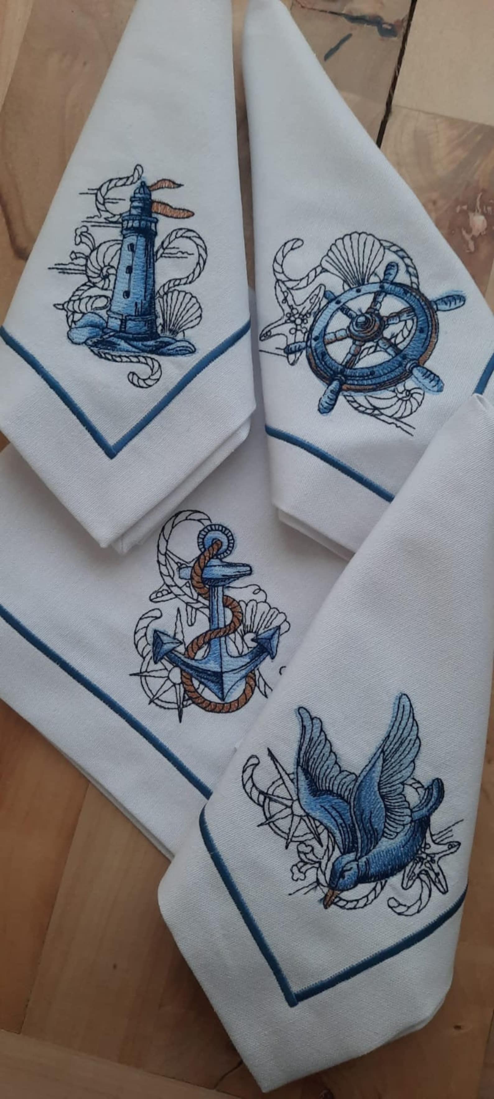 Marine Embroidered Blue and White Linen Napkin Set, Sailor Napkin,gift ...