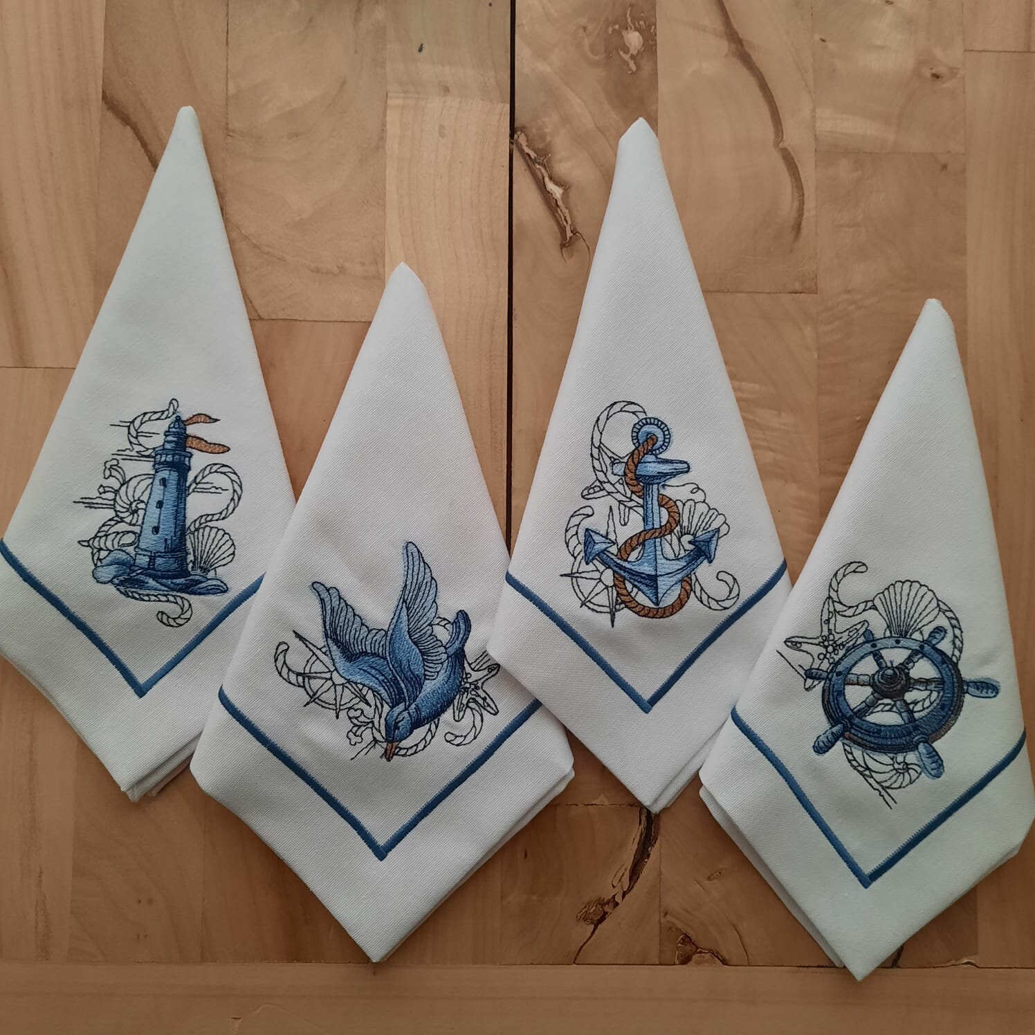 Embroidered Nautical Napkin Set Yacht Decor Cloth Napkins Blue and ...