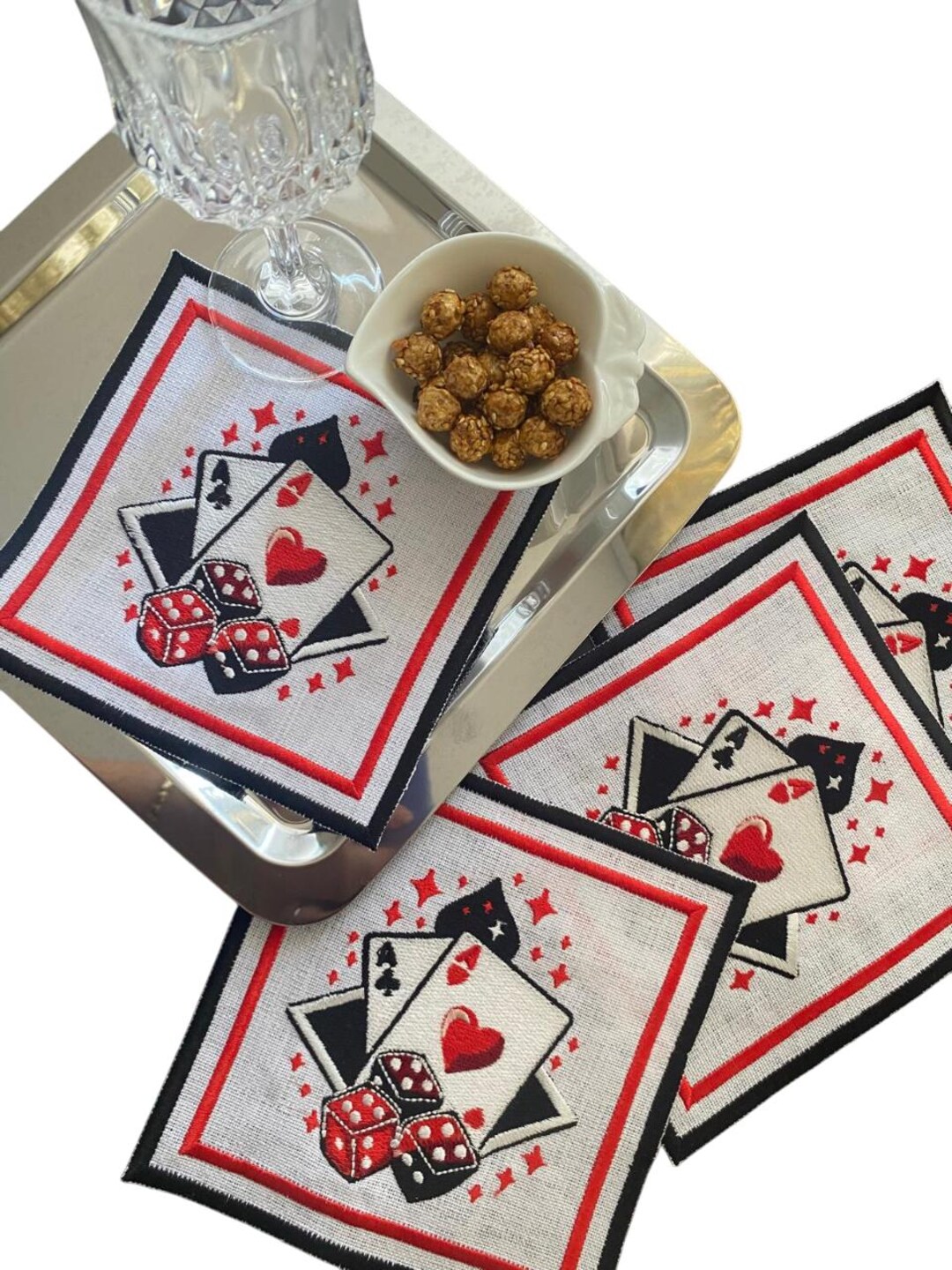 Embroidered Linen Playing Card Coasters: Poker Party Table Decor, Set ...