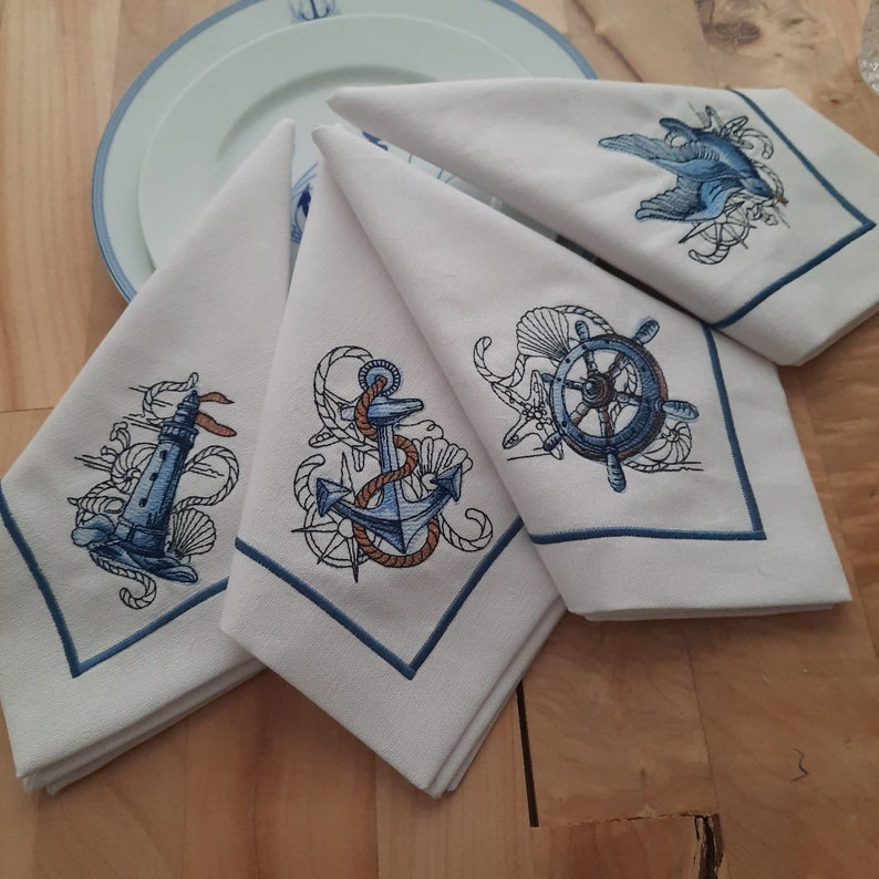 Embroidered Nautical Napkin Set Yacht Decor Cloth Napkins Blue and ...