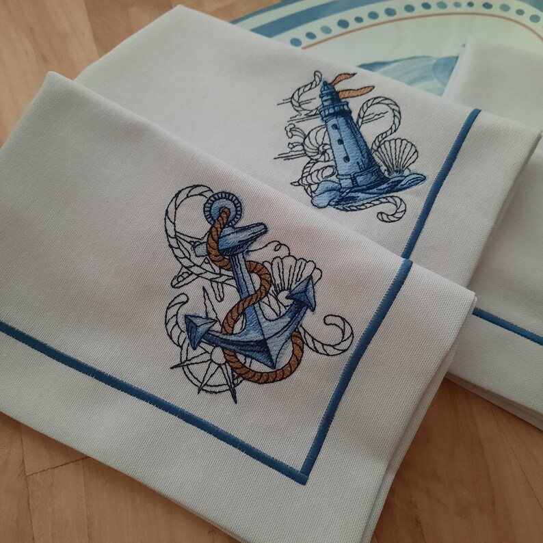 Embroidered Nautical Napkin Set Yacht Decor Cloth Napkins Blue and ...