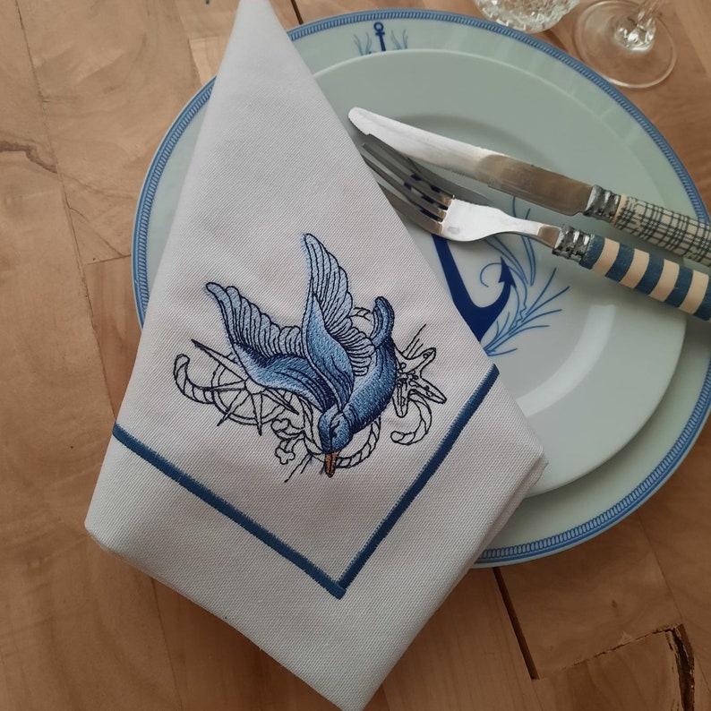 Embroidered Nautical Napkin Set Yacht Decor Cloth Napkins Blue and ...
