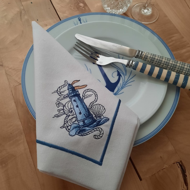 Embroidered Nautical Napkin Set Yacht Decor Cloth Napkins Blue and ...