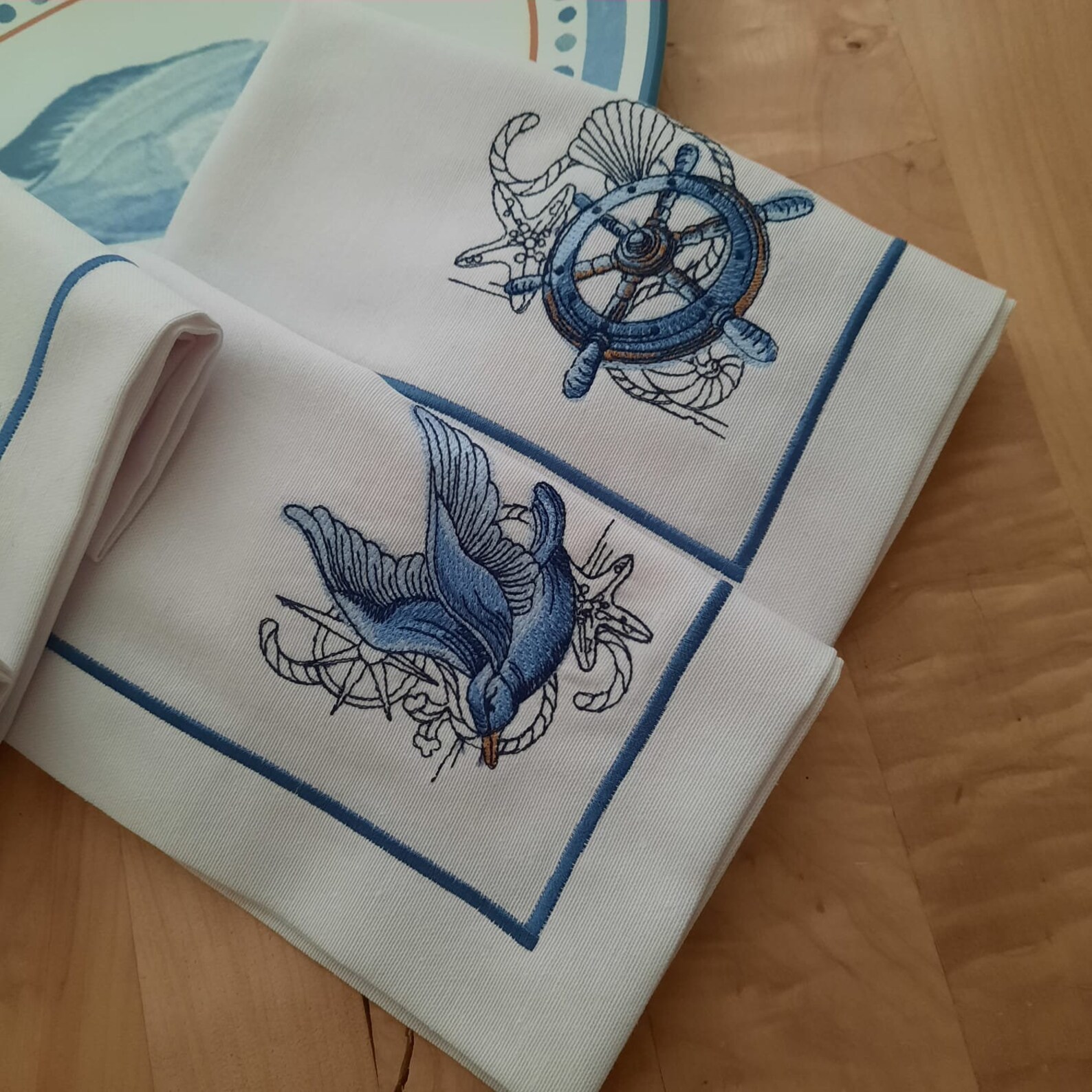 Marine Embroidered Blue and White Linen Napkin Set, Sailor Napkin,gift ...
