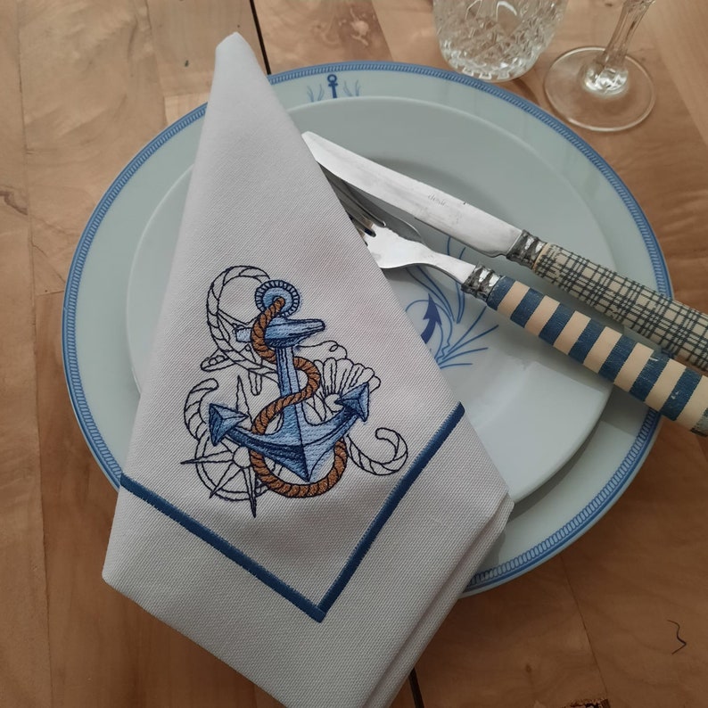 Embroidered Nautical Napkin Set Yacht Decor Cloth Napkins Blue and ...