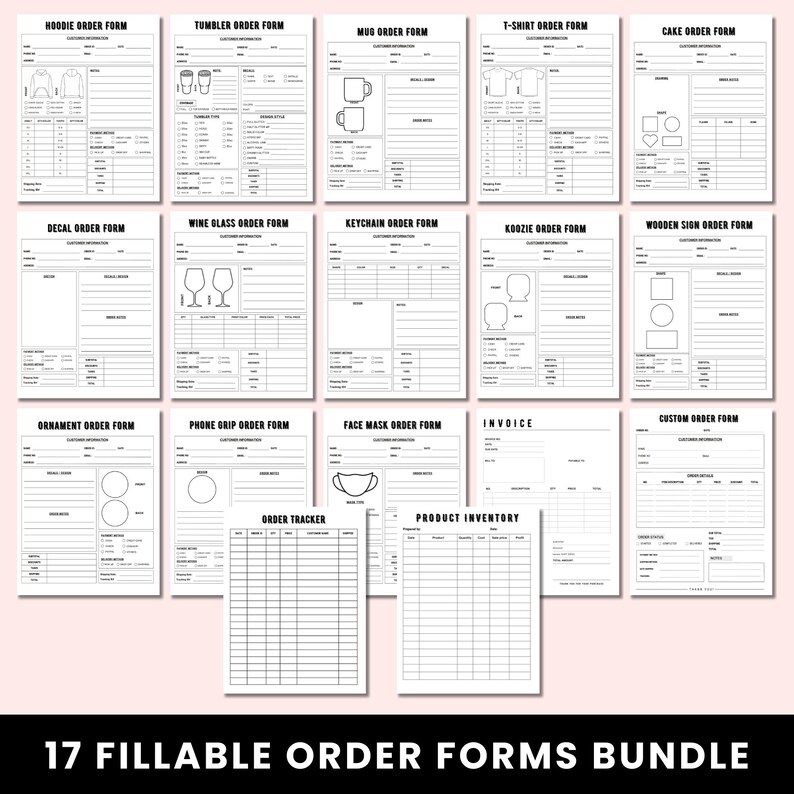 Fillable Order Forms Bundle Including Tshirt, Tumbler, Cake, Decal ...