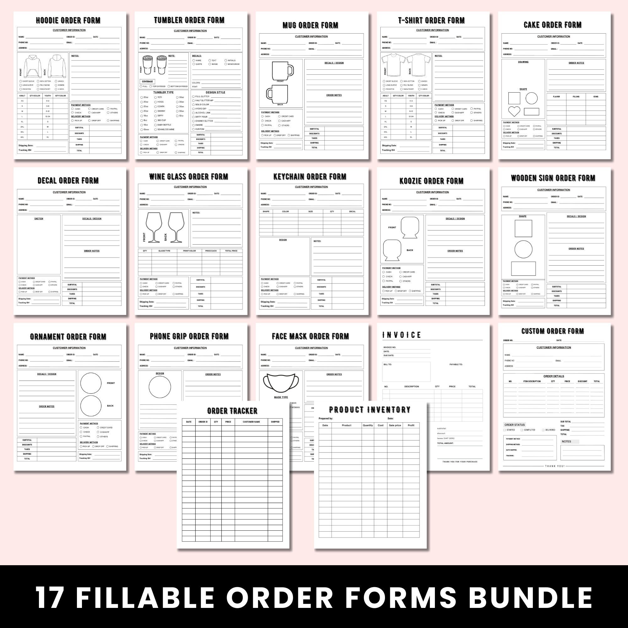 Fillable Order Forms Bundle Including Tshirt, Tumbler, Cake, Decal ...