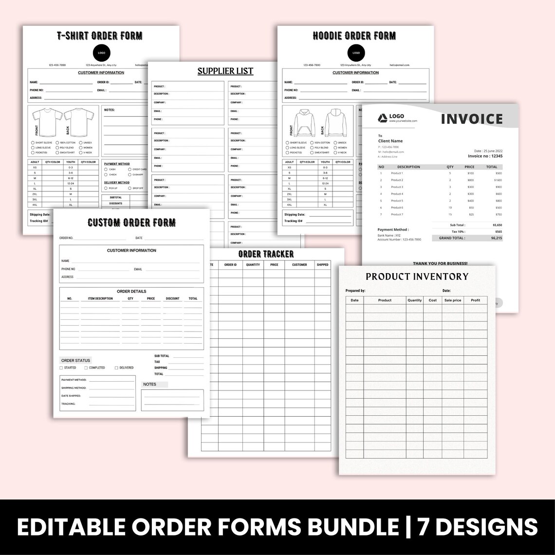 Small Business Order Forms Bundle, Editable With Canva, Tshirt, Hoodie ...