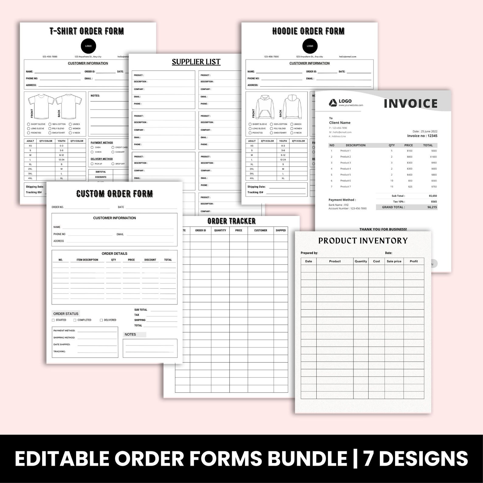 Small Business Order Forms Bundle, Editable With Canva, Tshirt, Hoodie, Invoice, Custom Order ...