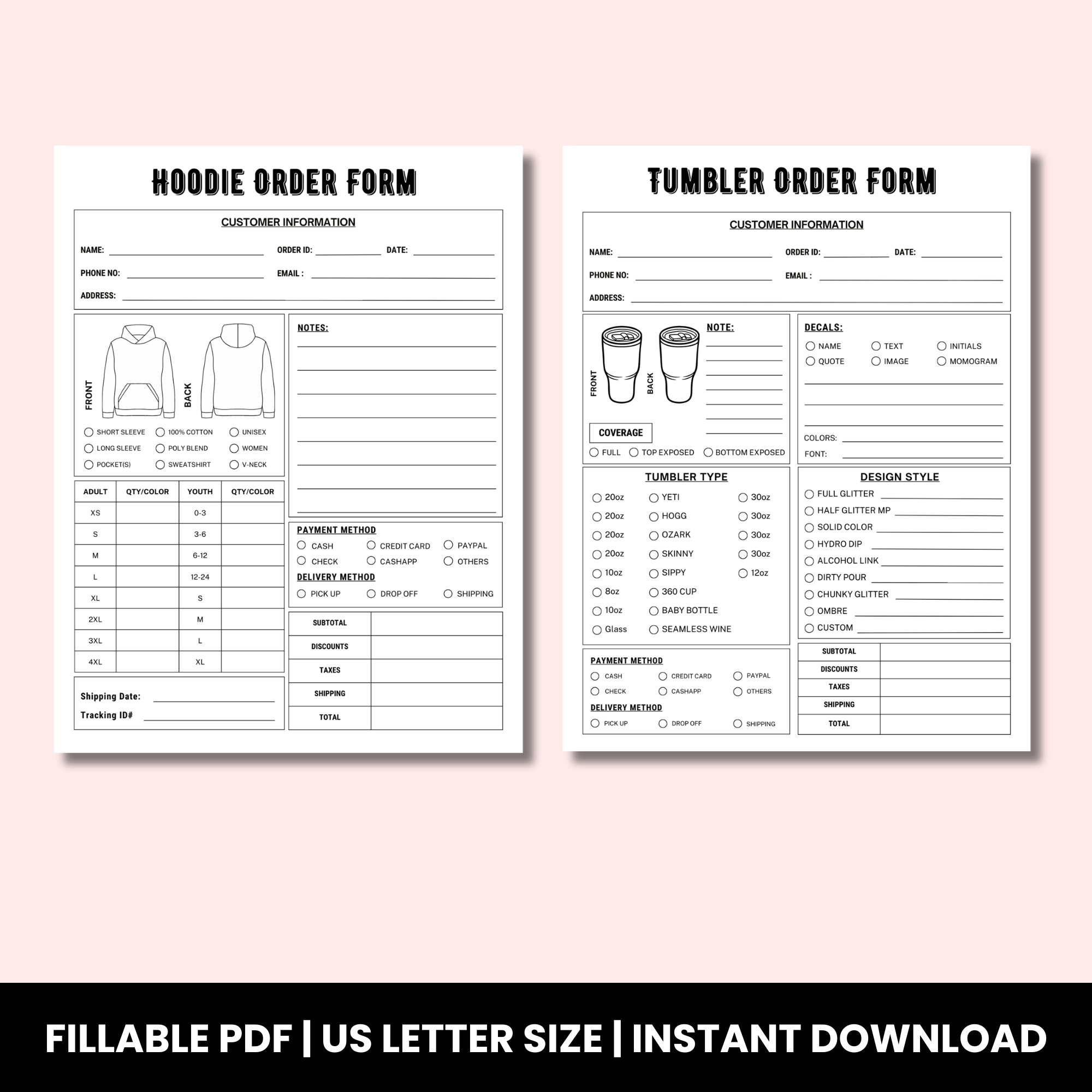 Fillable Order Forms Bundle Including Tshirt, Tumbler, Cake, Decal ...