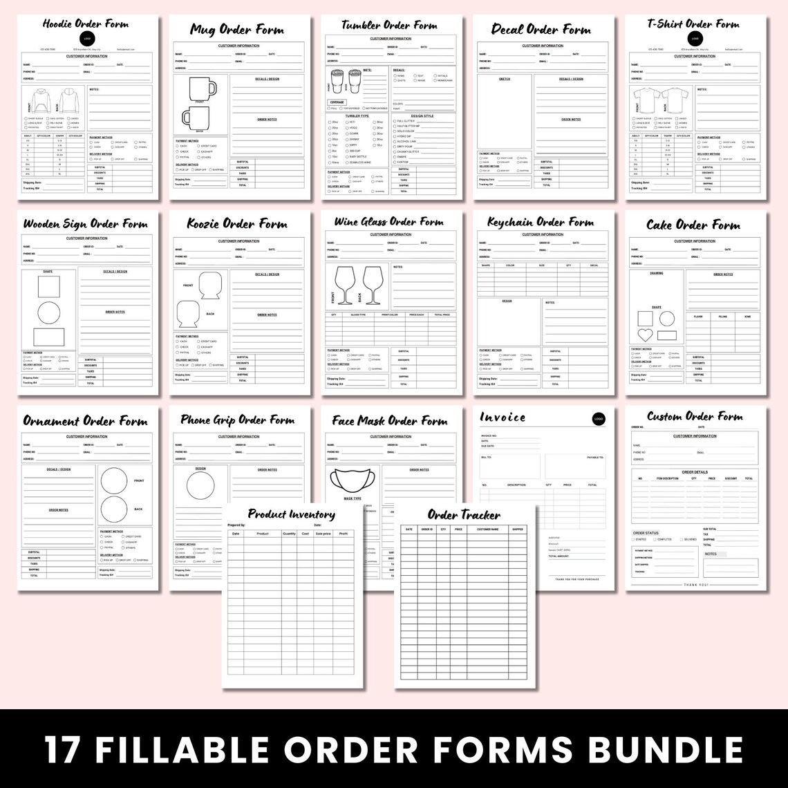 Editable Order Forms Bundle, Tshirt, Tumbler, Cake, Invoice Template ...