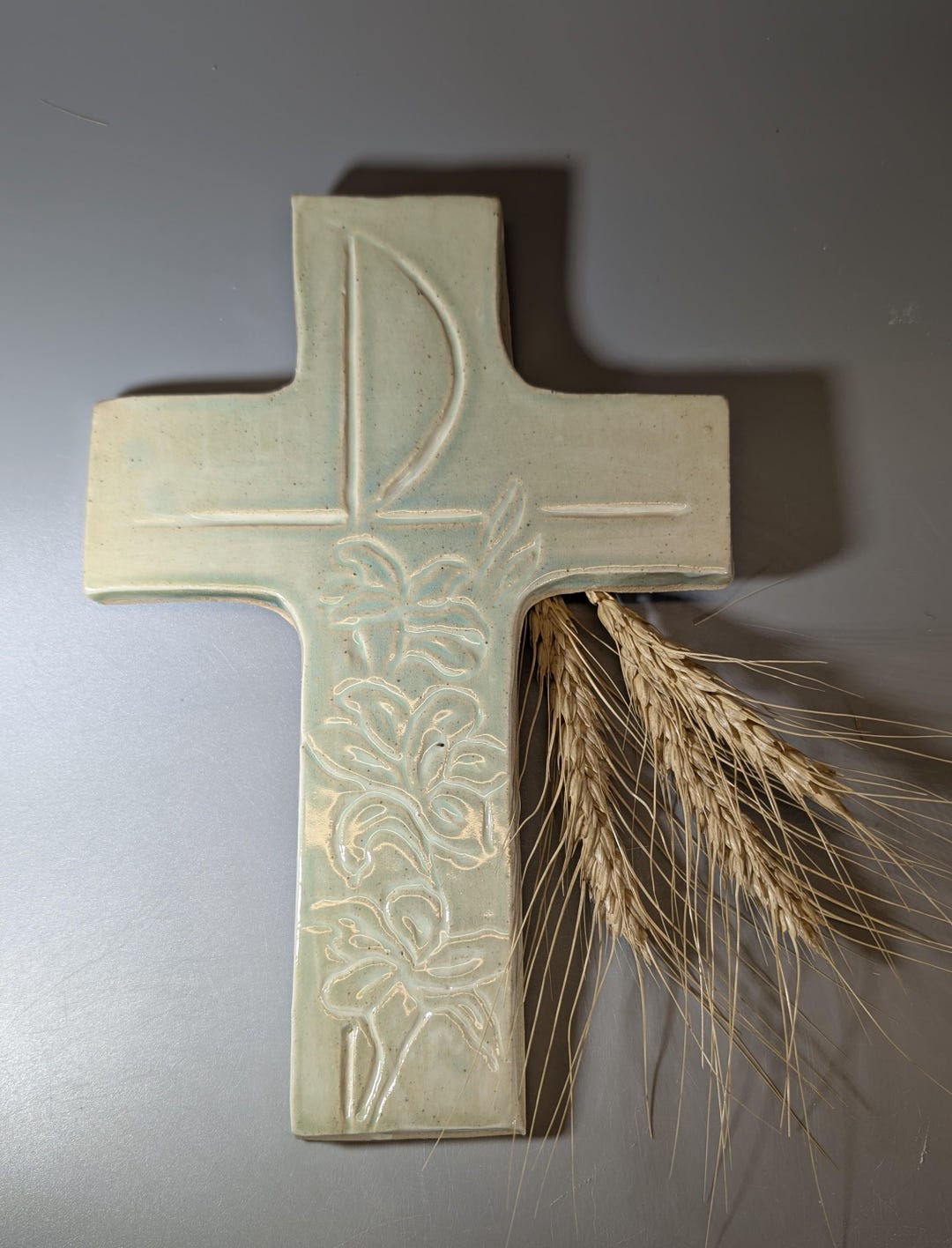 Ceramic Christian Cross, Hand Carved Lilies and Chirho (symbol for ...
