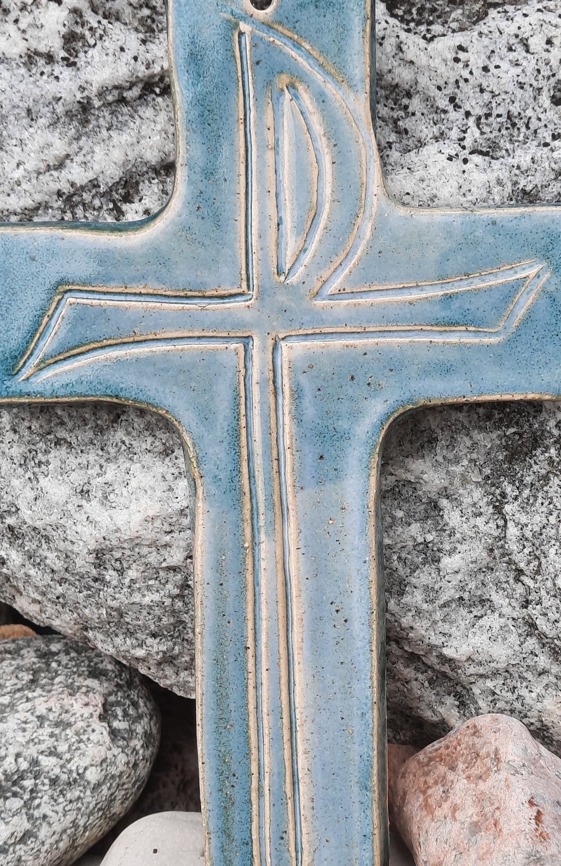 Artisan Made, Stoneware Cross With Carved Chi Rho/cross, Aqua Green ...
