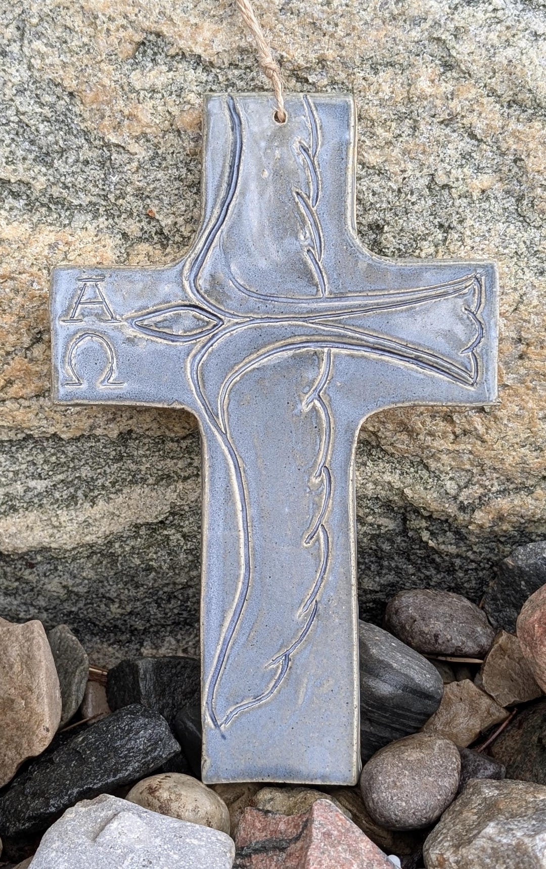 Hand Inscribed "dove" W Alpha-omega Symbols on Gray Blue Glossy Glaze ...