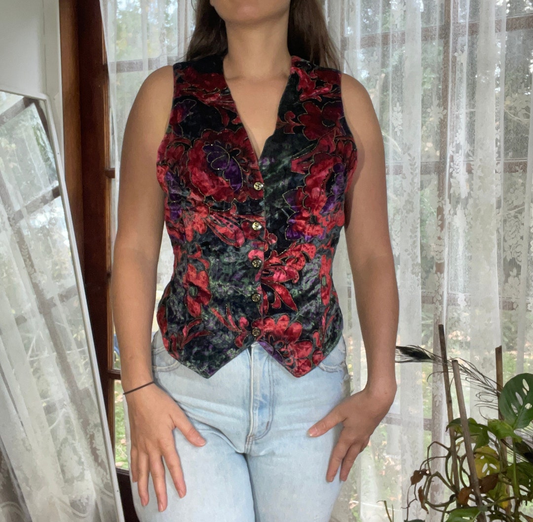 Vintage Red Rose Velvet Embossed Womens Vest - Etsy