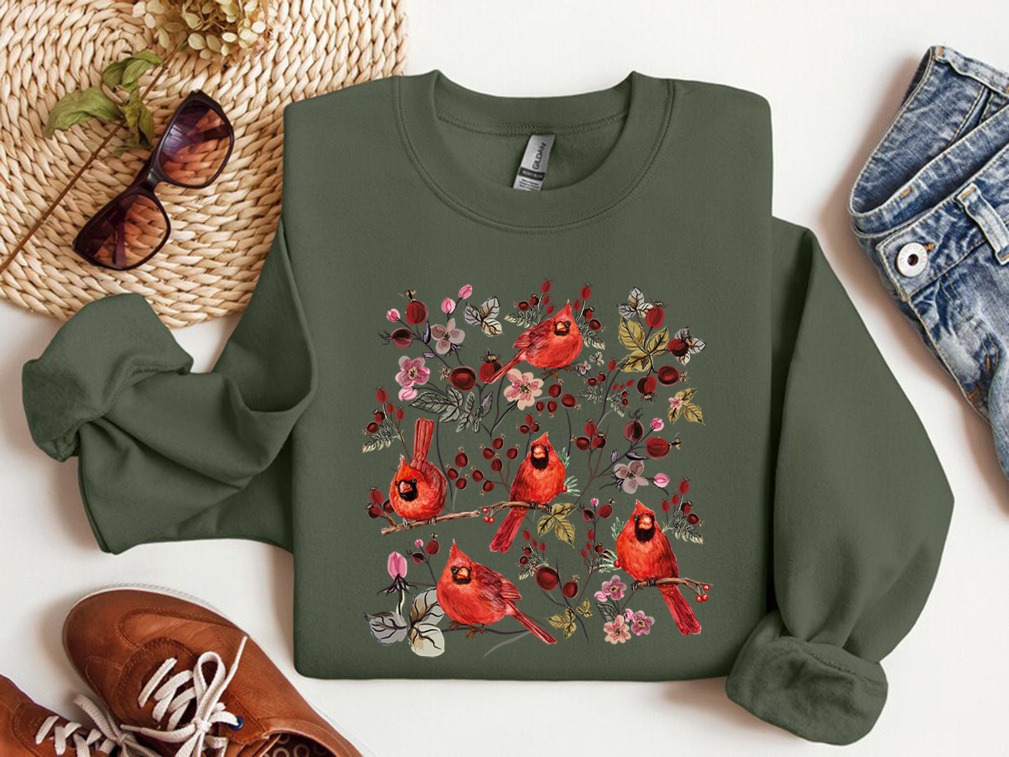 Vintage Cottagecore Wildflower Red Cardinal Sweatshirt, Goblincore ...