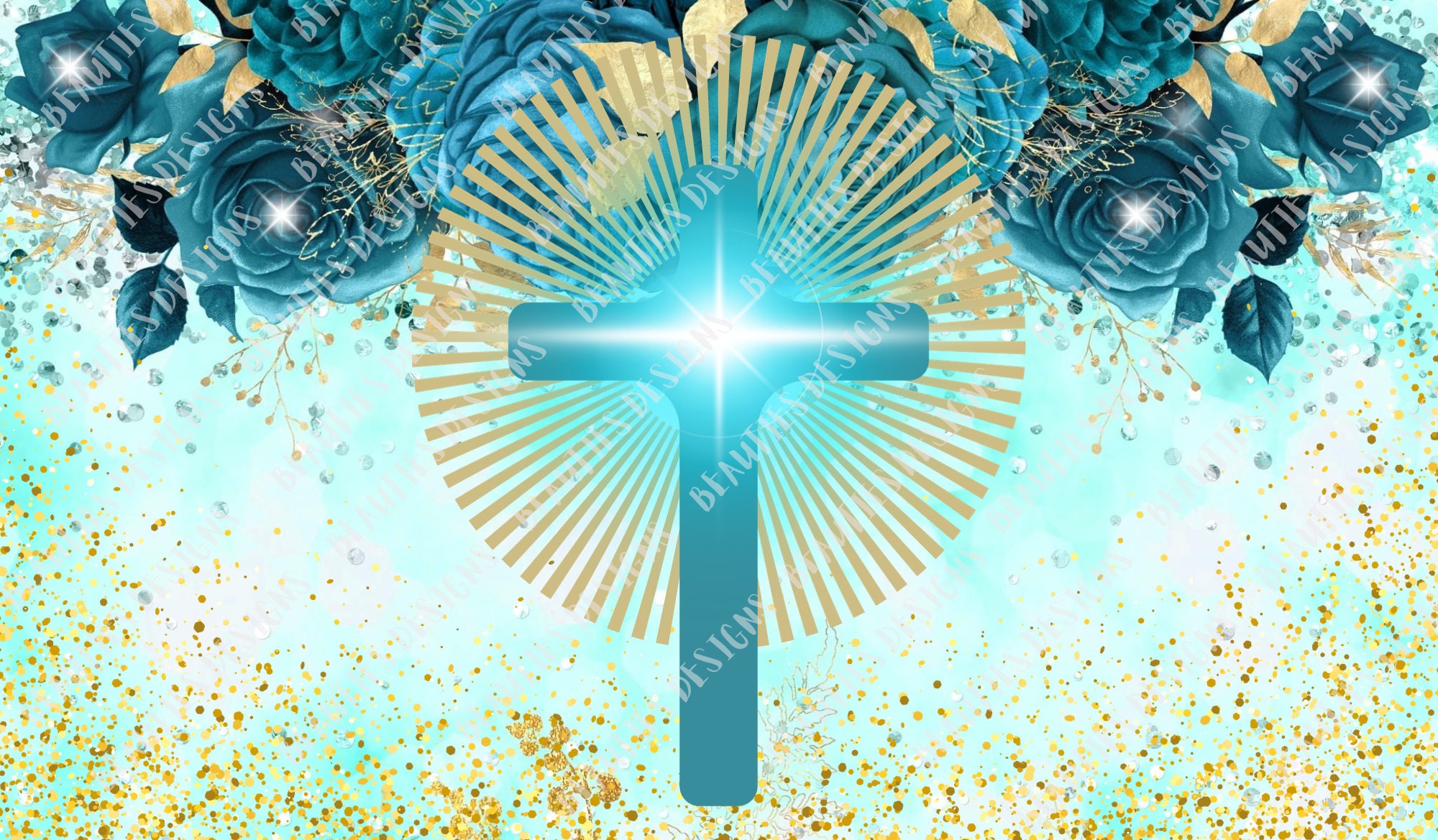16OZ Digital Wrap Adorned With a Teal Cross, Sparkles and Blue Roses - Etsy