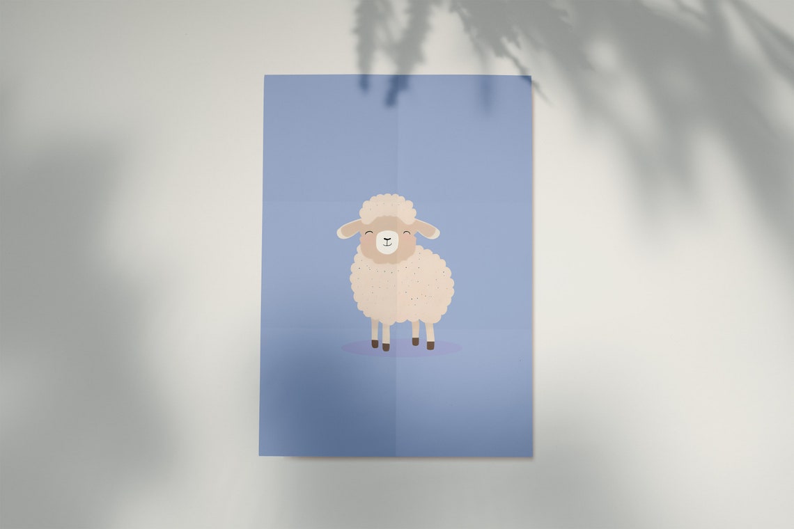Baby Sheep on Blue Background / Kids Animal Poster / Children Wall Art ...
