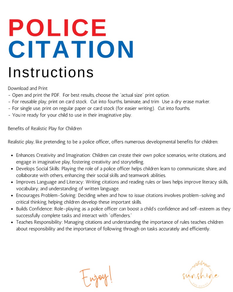 Police Citation Pad for Kids - Printable - Etsy