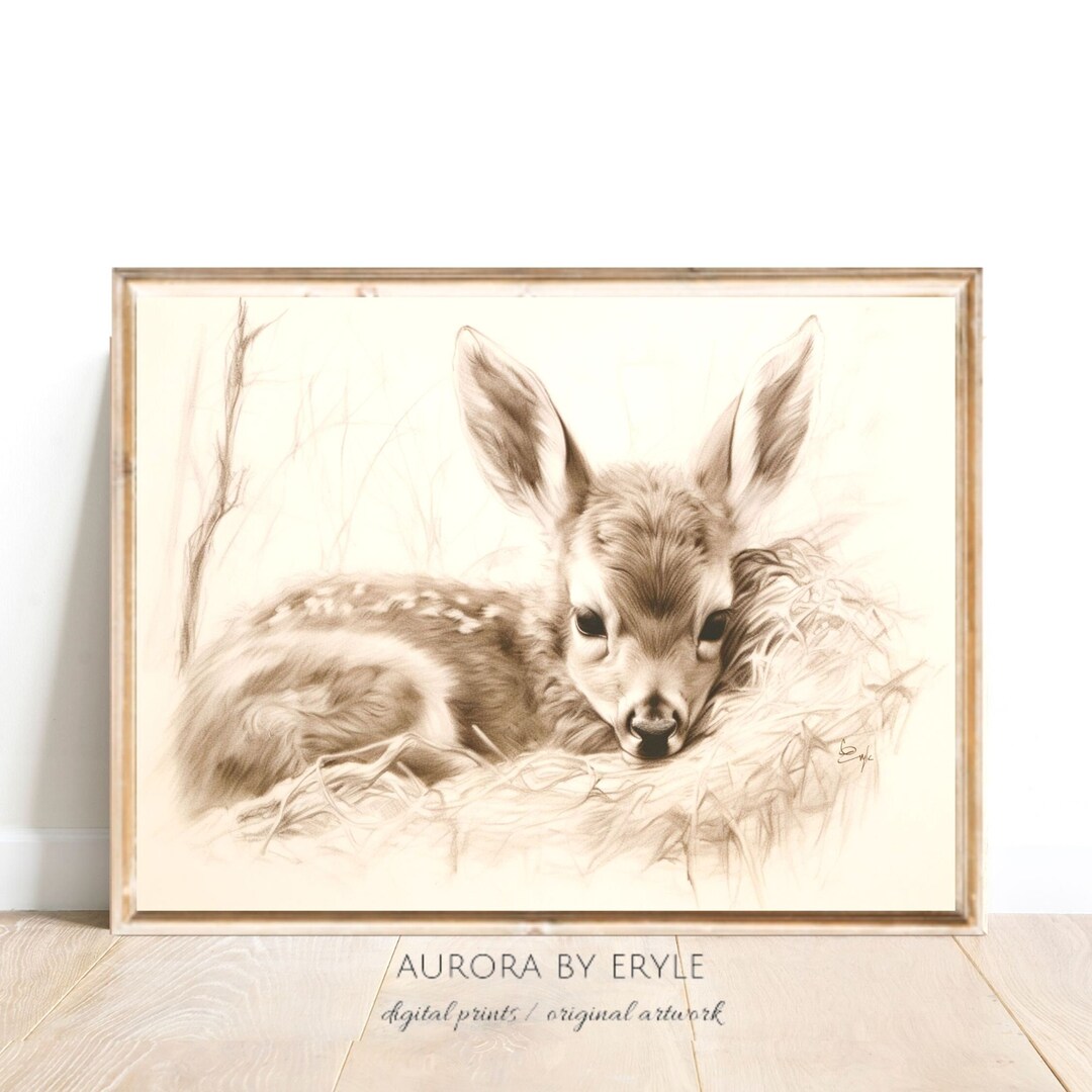 Autumn Fawn Sepia Drawing, Cute Baby Reindeer in Nature Pencil Sketch ...