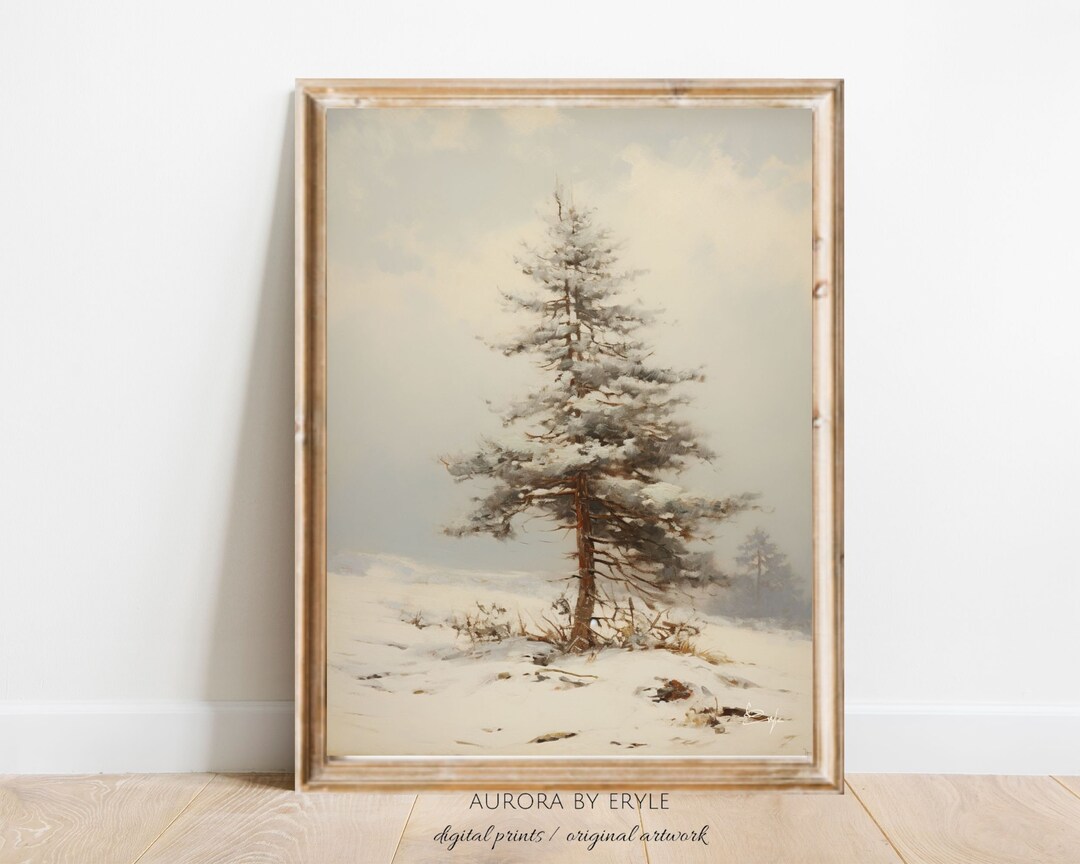 Winter Evergreen Tree Wall Art, Rustic Spruce Landscape Print, Retro ...
