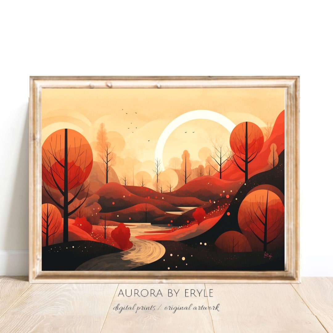 Japandi Autumn Sunset Landscape, Japanese Scandinavian Fusion Wall Art ...