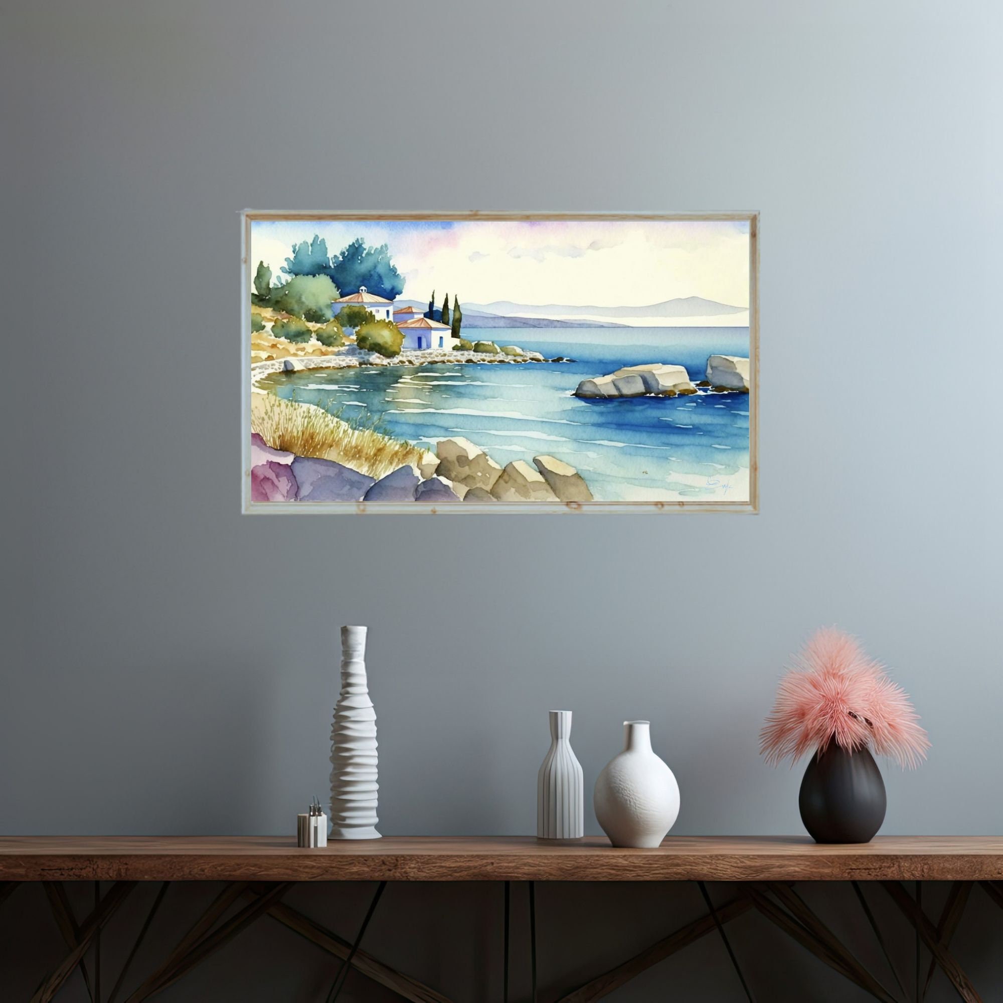 Aegean Coastal Villatv Frame Art for Samsung TV, Rocky Shores Digital ...