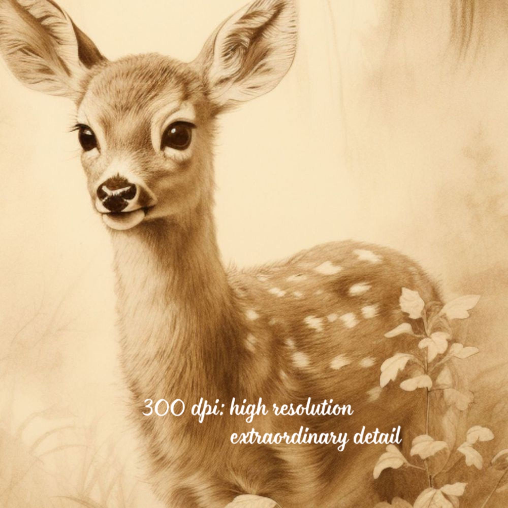Autumn Fawn Sepia Pencil Sketch, Cute Baby Reindeer in Nature Drawing ...