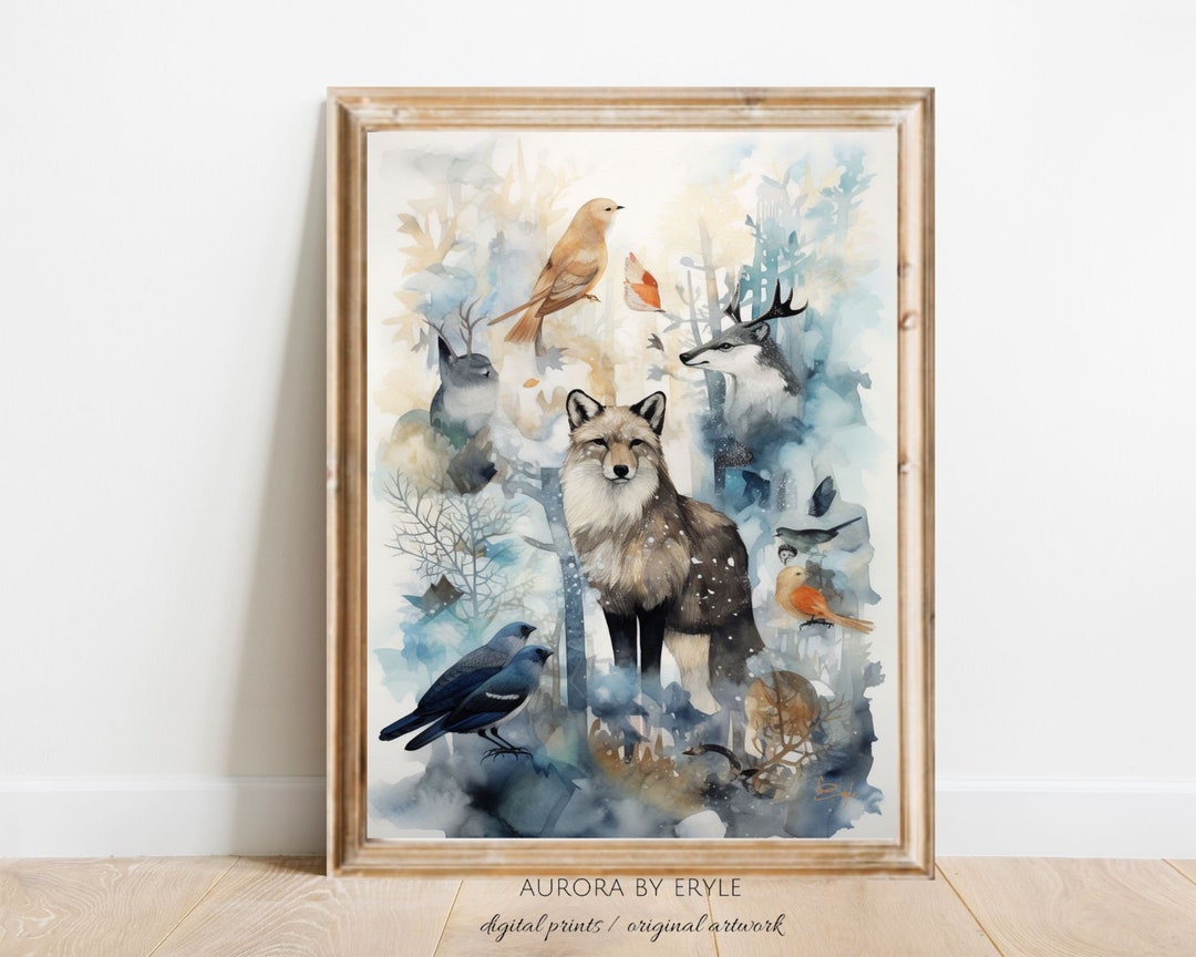 Abstract Watercolour Forest Animal Collage Wall Art, Wolf and Bird in ...