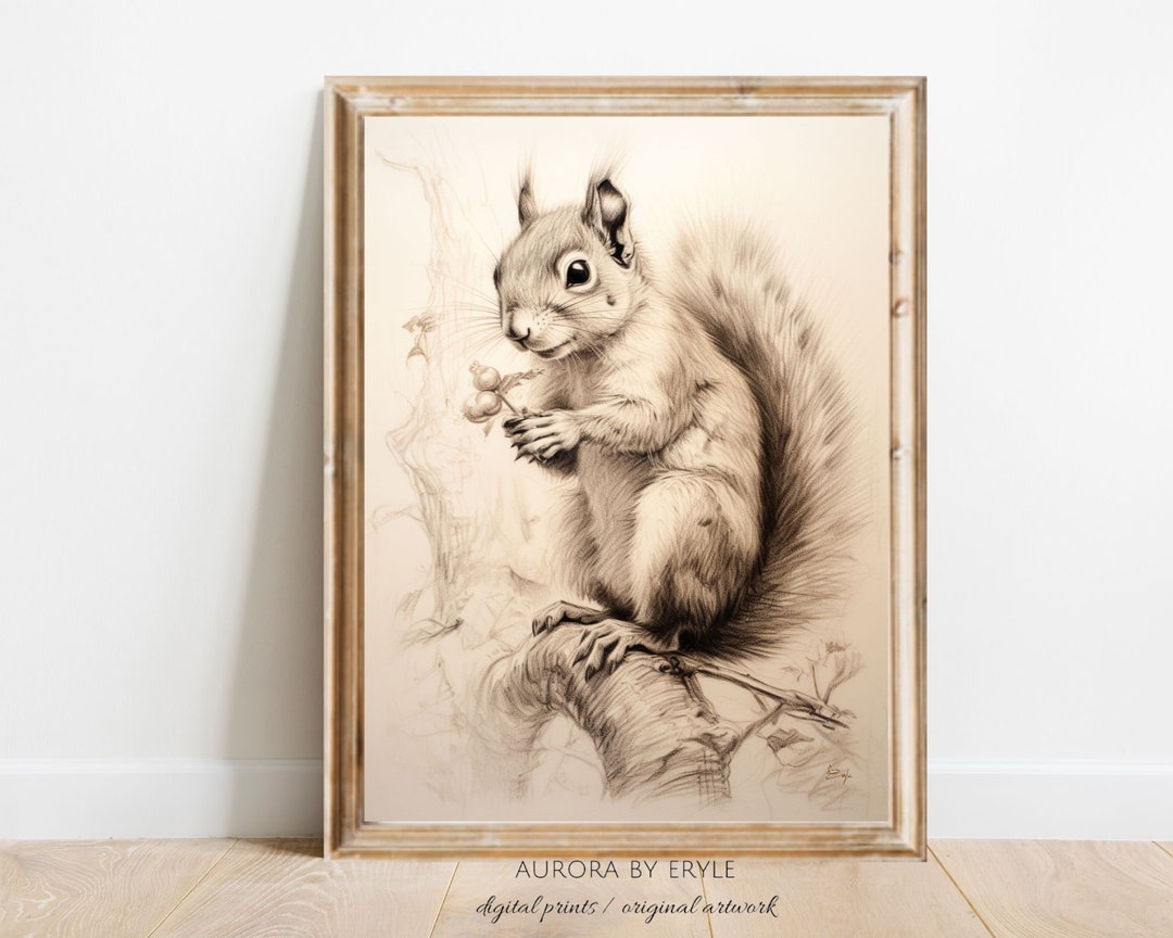 Autumn Squirrel Pencil Sketch, Woodland Nursery Wall Decor, Rustic ...