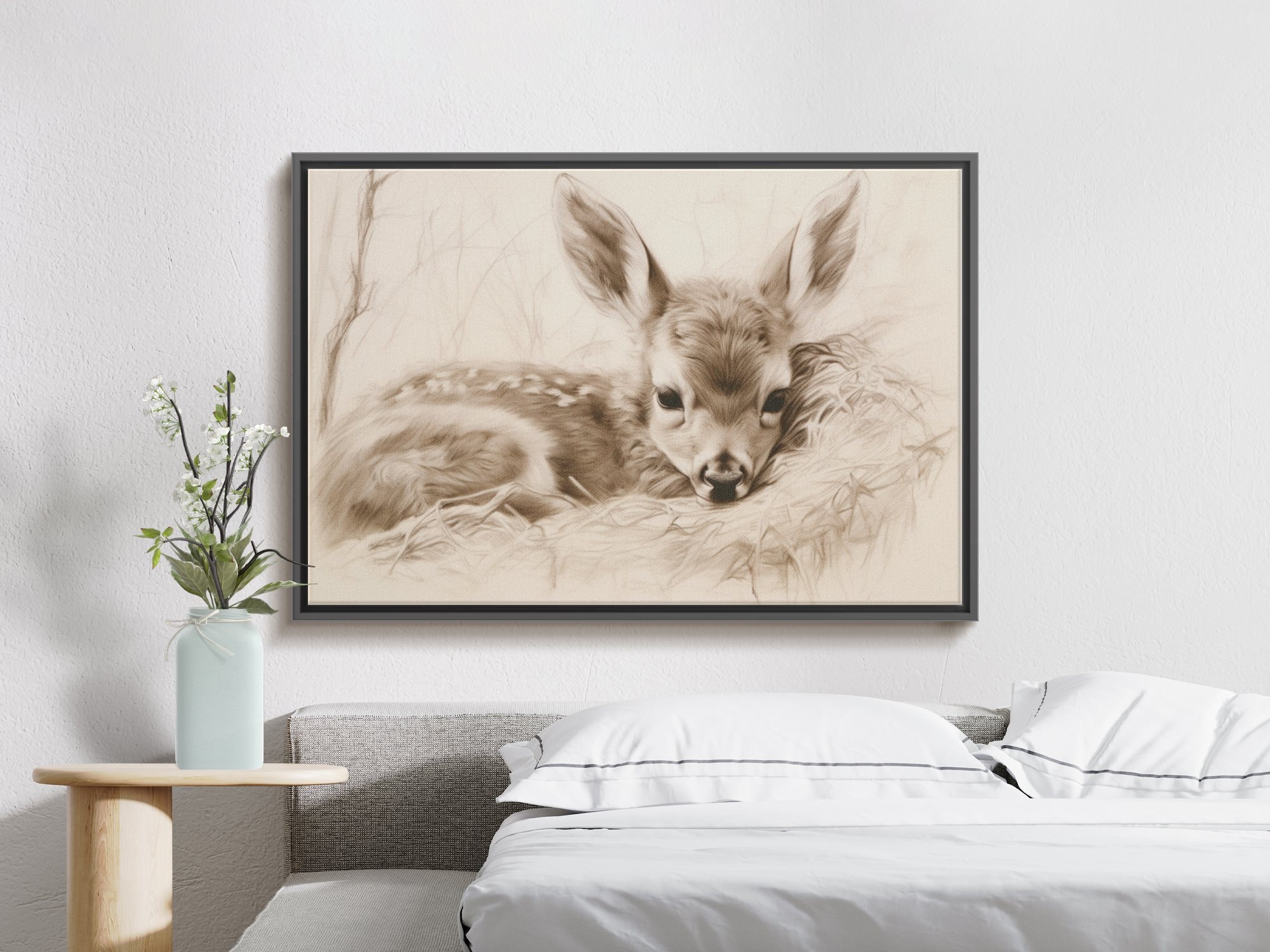 Autumn Fawn Sepia Drawing, Cute Baby Reindeer in Nature Pencil Sketch ...