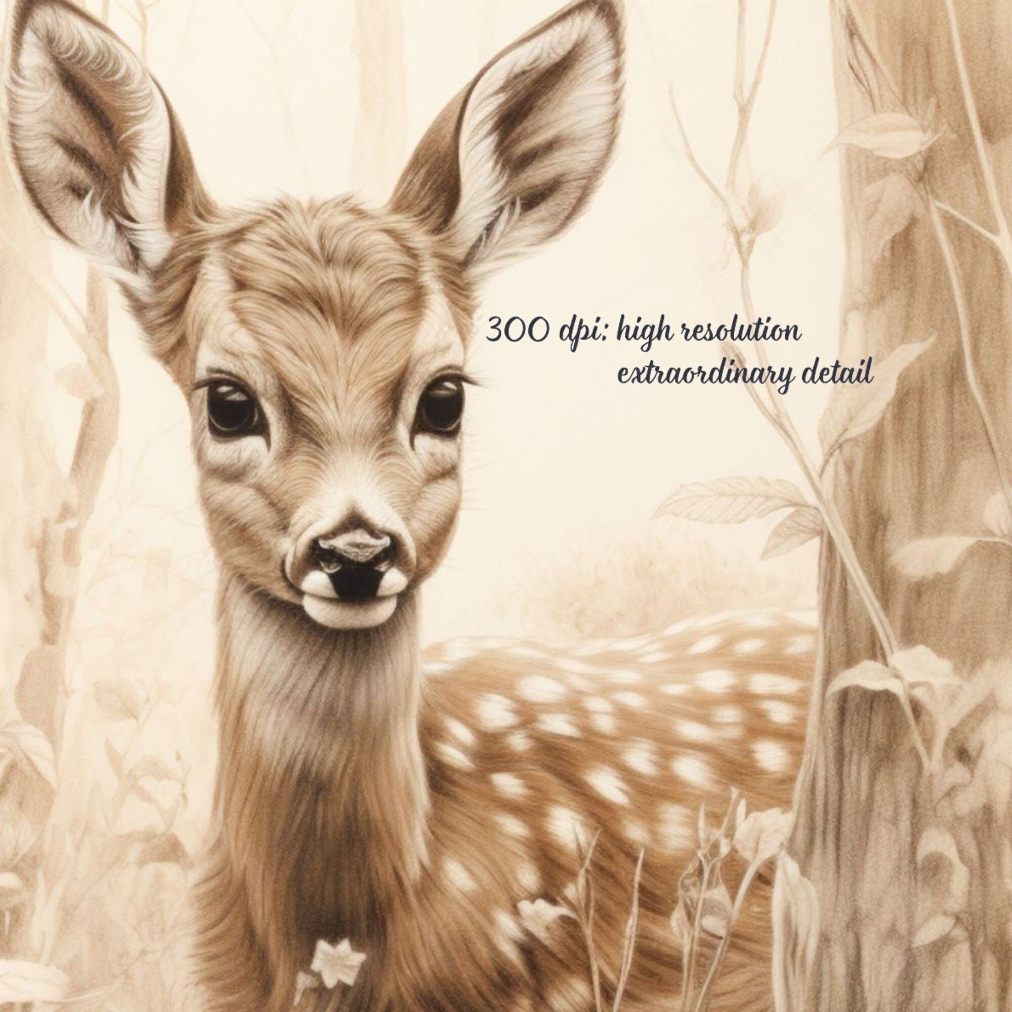 Fawn in the Woods Sepia Pencil Sketch, Retro Baby Reindeer in Nature ...