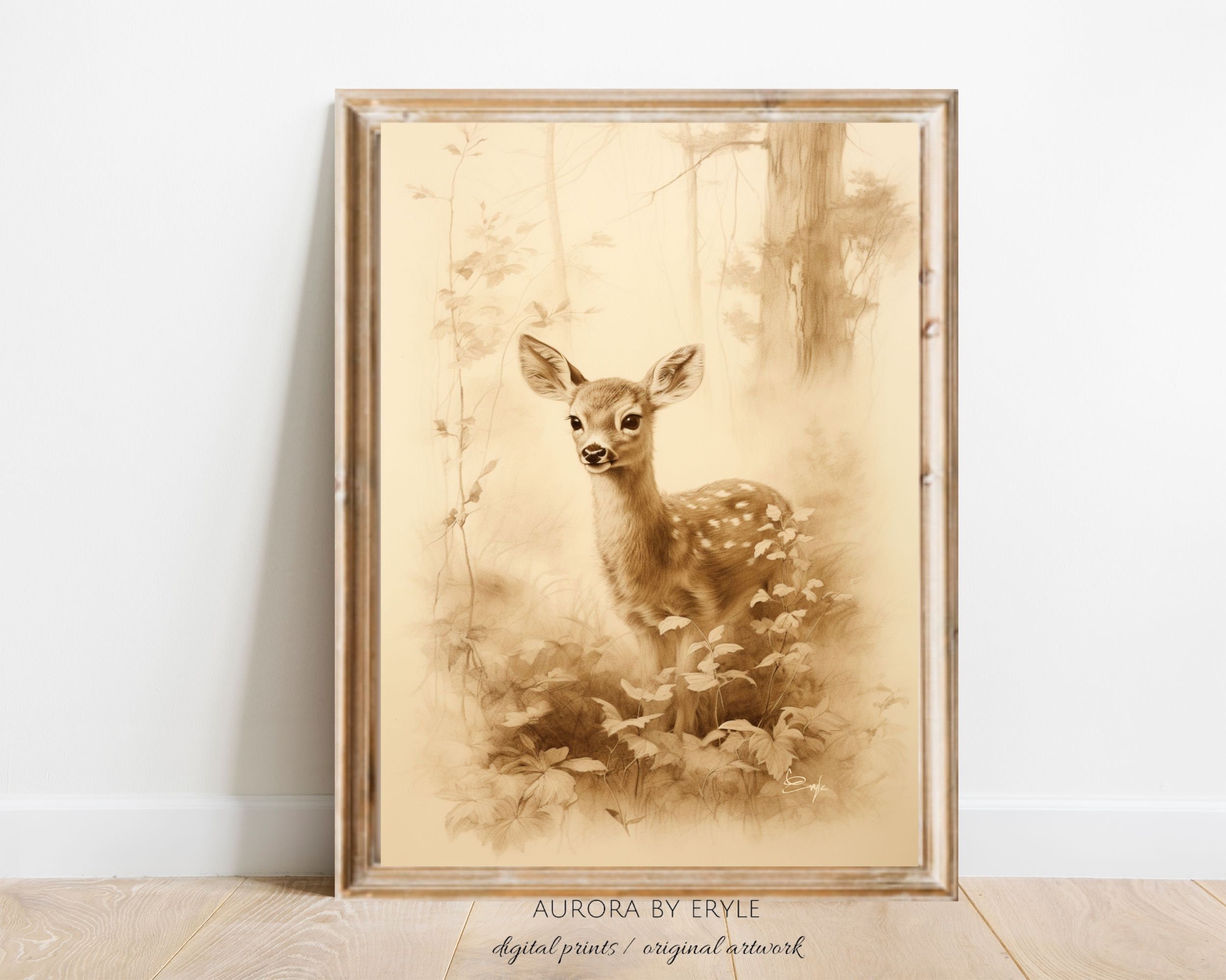 Autumn Fawn Sepia Pencil Sketch, Cute Baby Reindeer in Nature Drawing ...