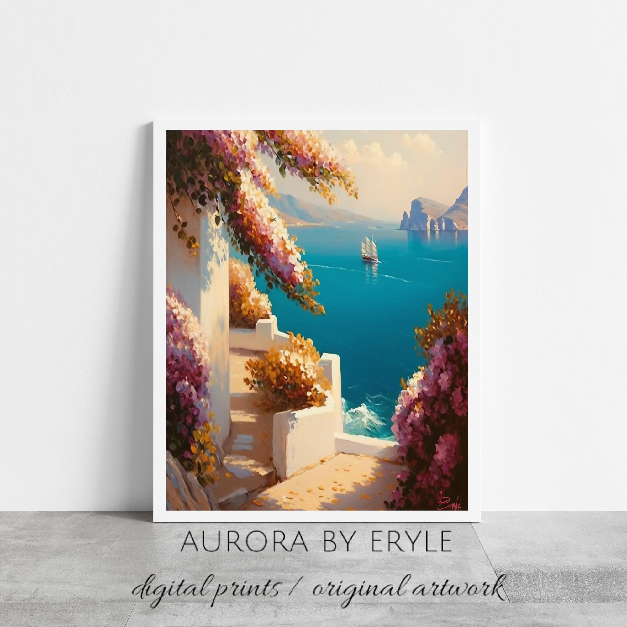 Mediterranean Oceanscape Wall Art, Greek Seascape With a House, Bright ...