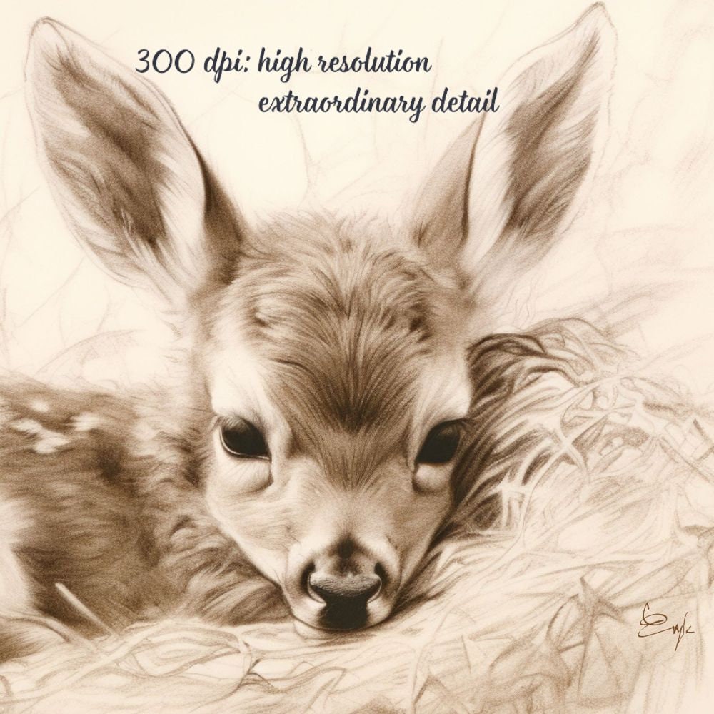 Autumn Fawn Sepia Drawing, Cute Baby Reindeer in Nature Pencil Sketch ...