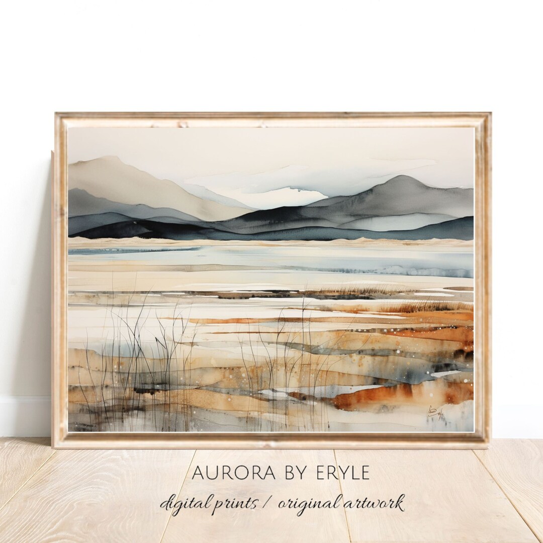 Abstract Mountains & Lake Wall Art, Dreamy Panorama, Muted Tones ...