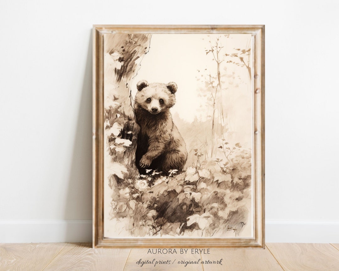 Adorable Autumn Baby Bear Sepia Pencil Sketch, Rustic Fall Bear Cub ...