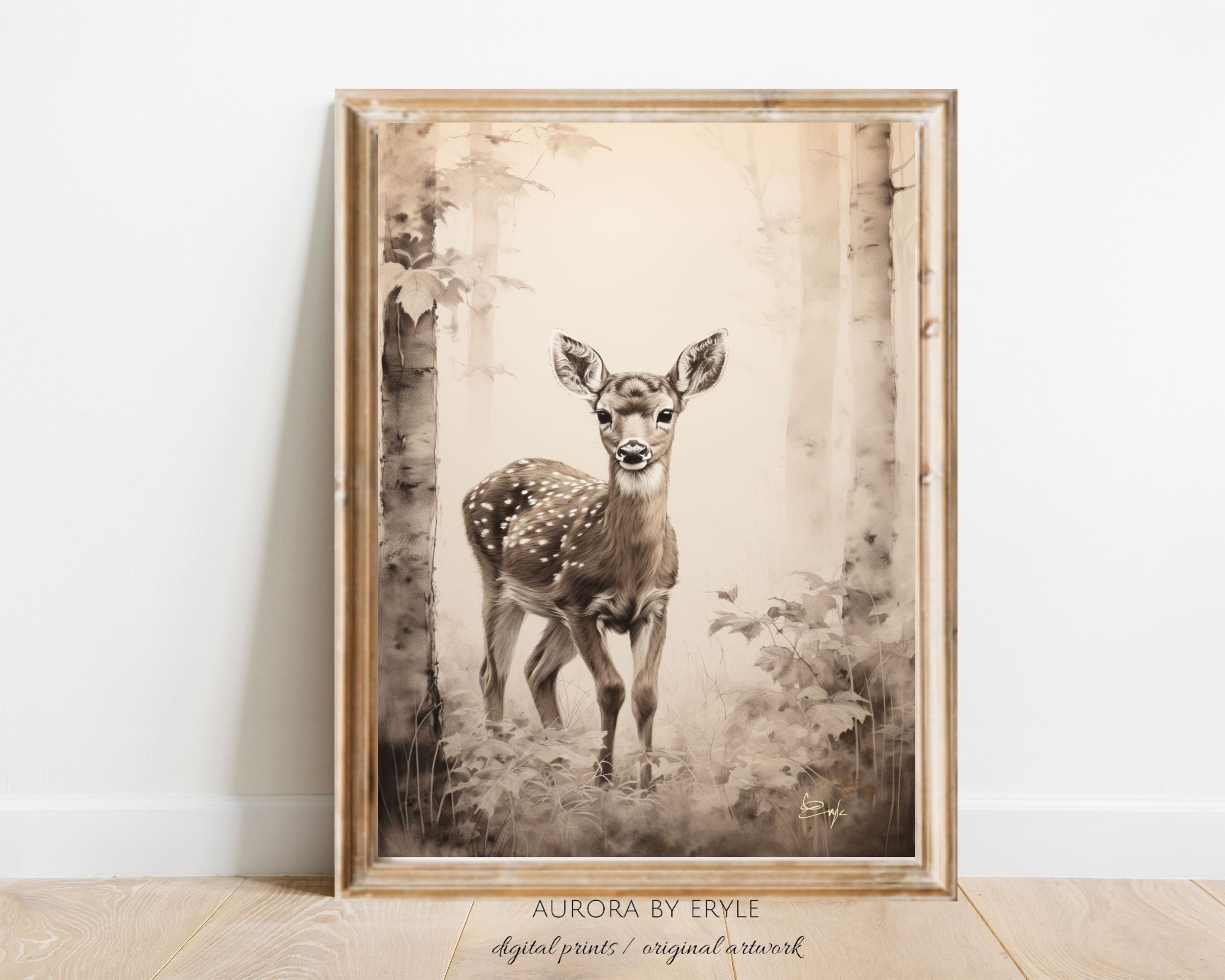 Autumn Fawn Sepia Pencil Sketch Print, Baby Reindeer in Nature Drawing ...