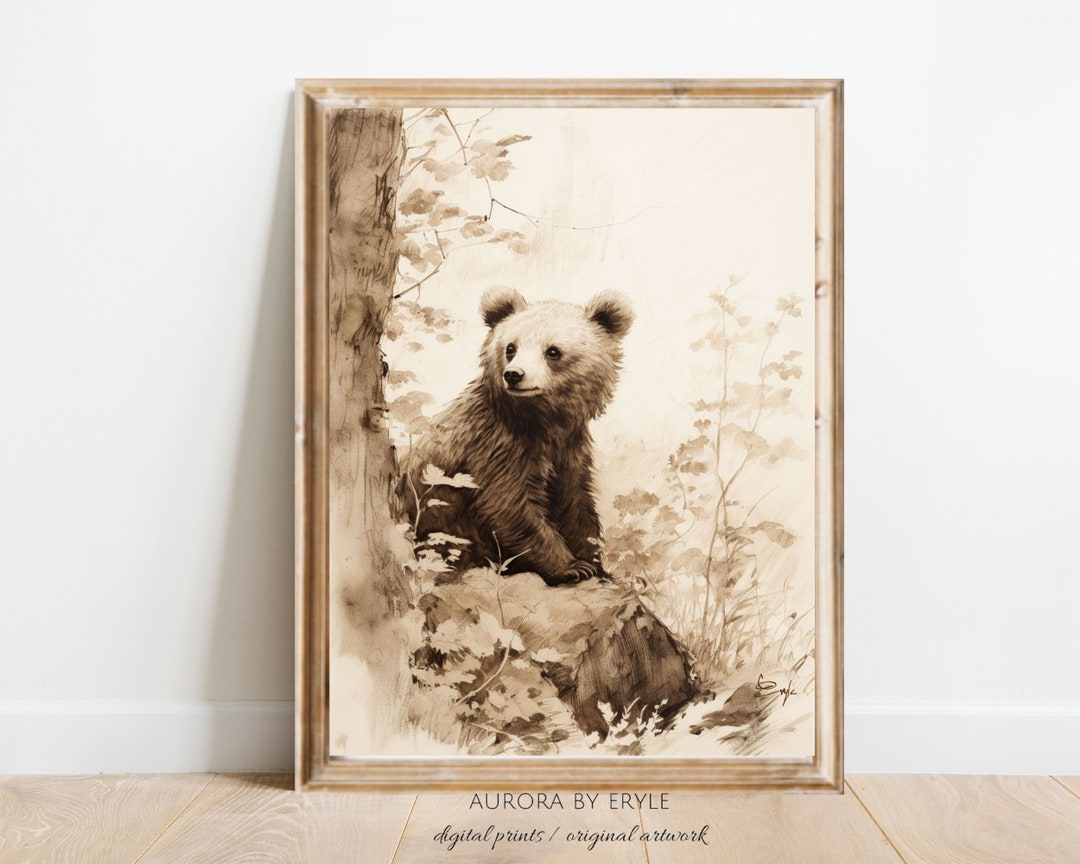 Baby Bear Sepia Pencil Sketch, Rustic Fall Bear Cub Drawing, Subdued ...