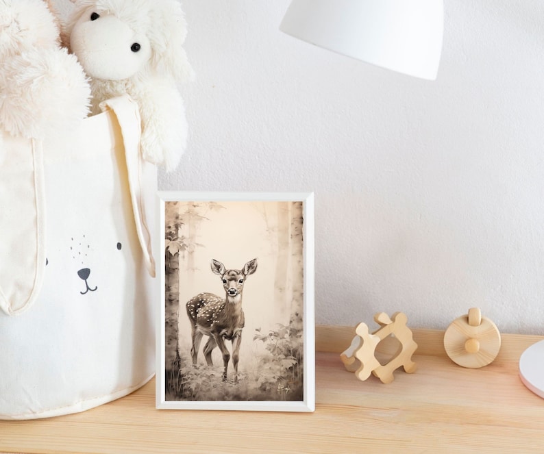 Autumn Fawn Sepia Pencil Sketch Print, Baby Reindeer in Nature Drawing ...