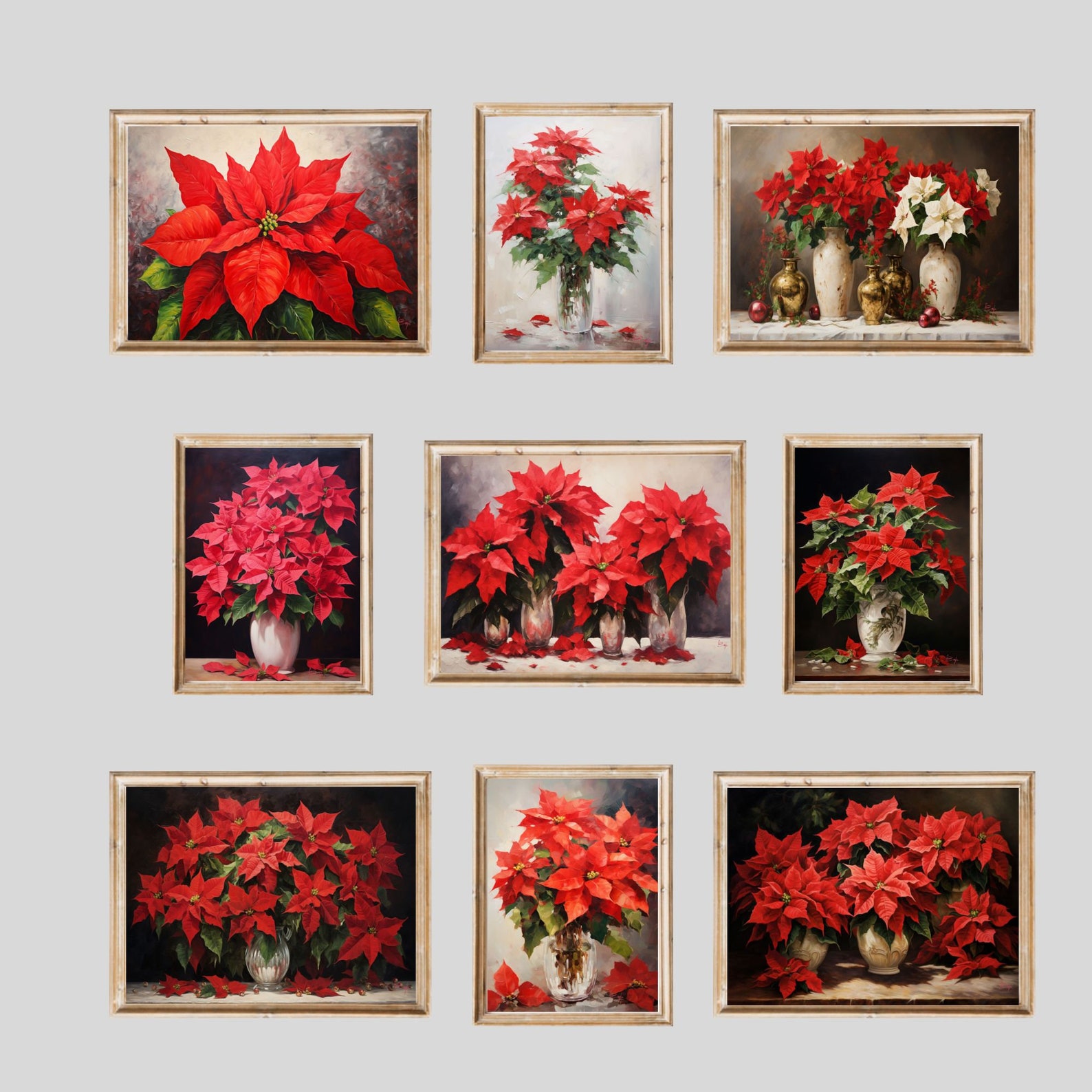 Gallery Set of 9 Potted Poinsettia Oil Paintings, Christmas Flower Wall ...