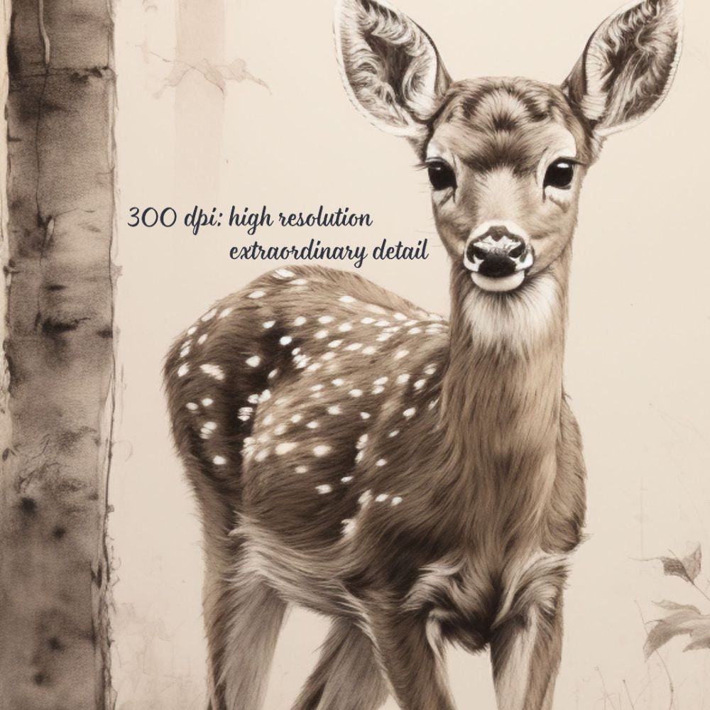 Autumn Fawn Sepia Pencil Sketch Print, Baby Reindeer in Nature Drawing ...