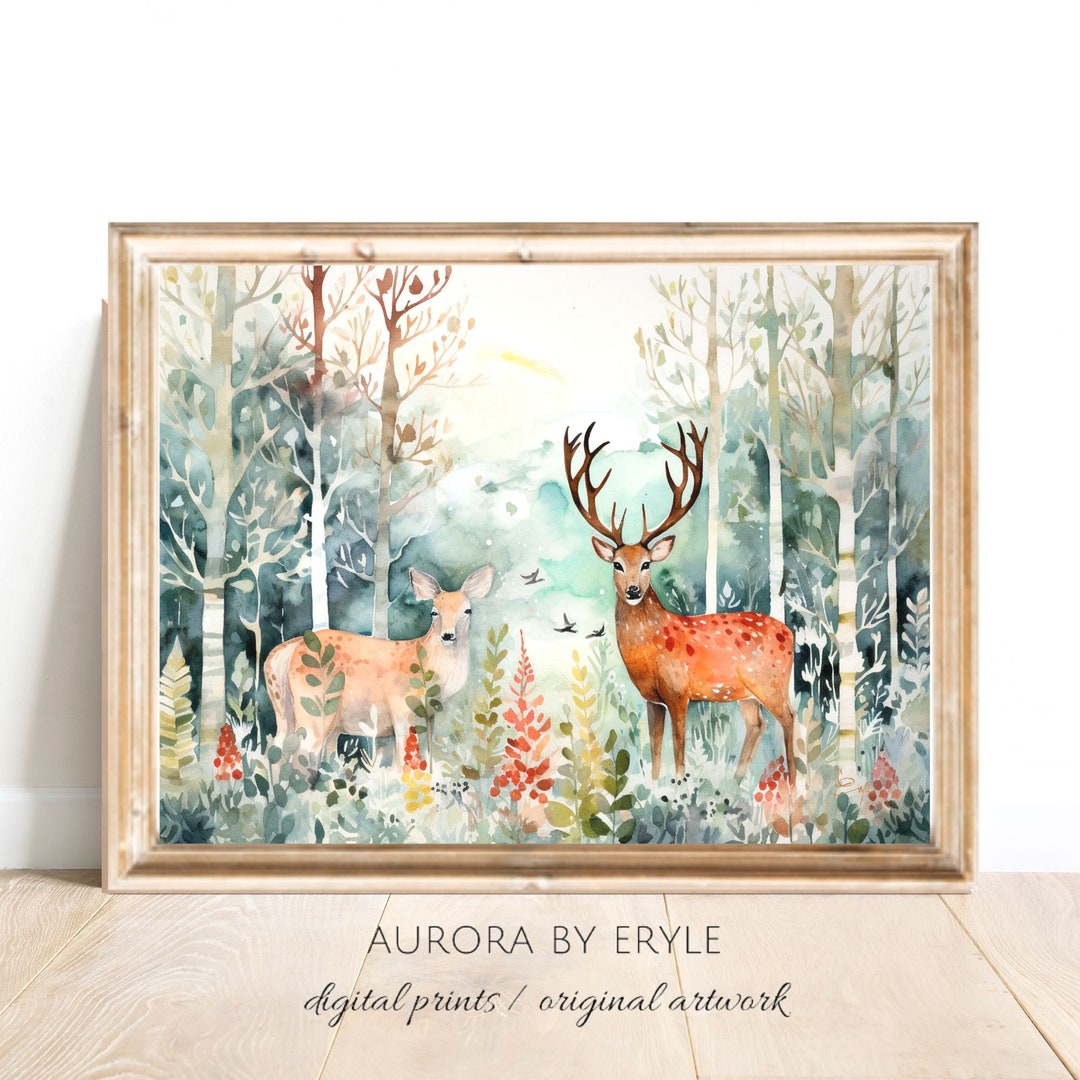 Christmas Reindeer Watercolor Scene, Abstract Realistic Woodland ...