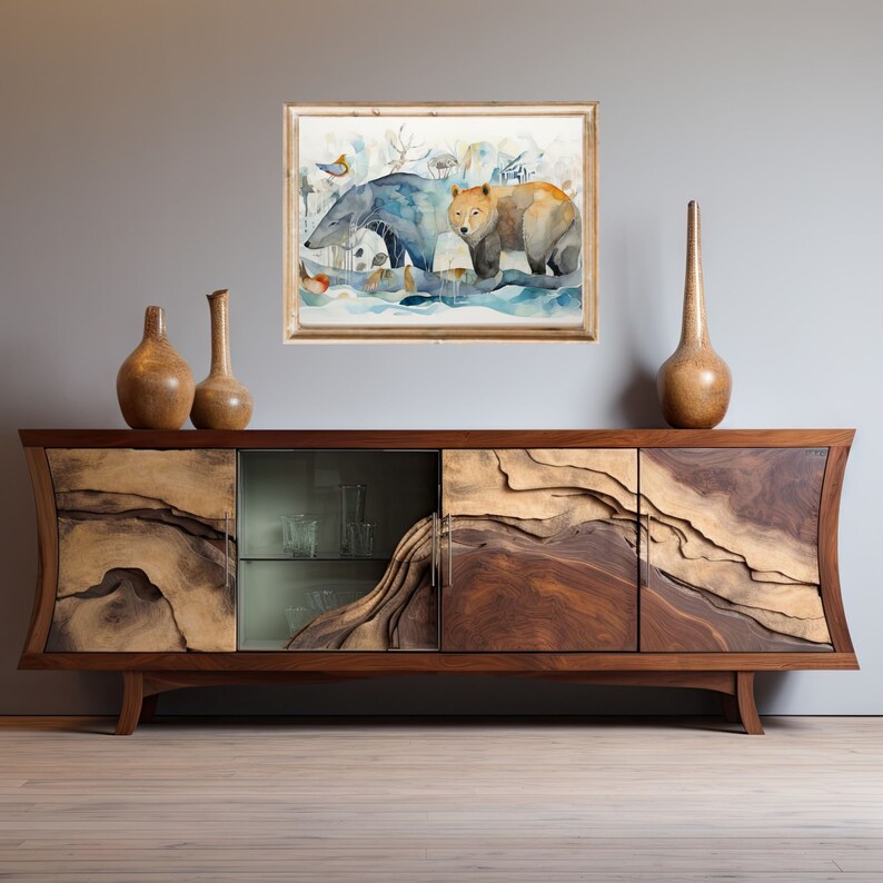 Abstract Bears and Birds in Nature Watercolor Collage, Native Canadian ...
